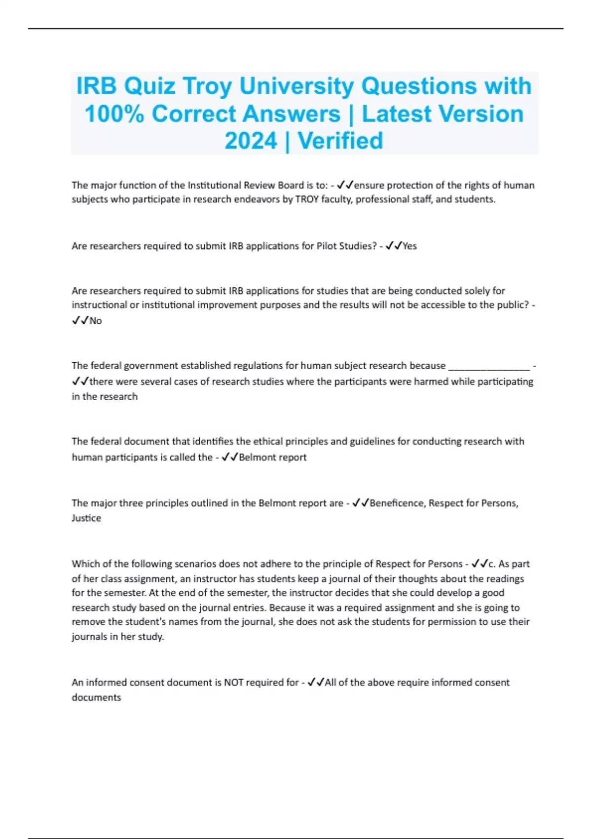 IRB Quiz Troy University Questions with 100% Correct Answers | Latest ...