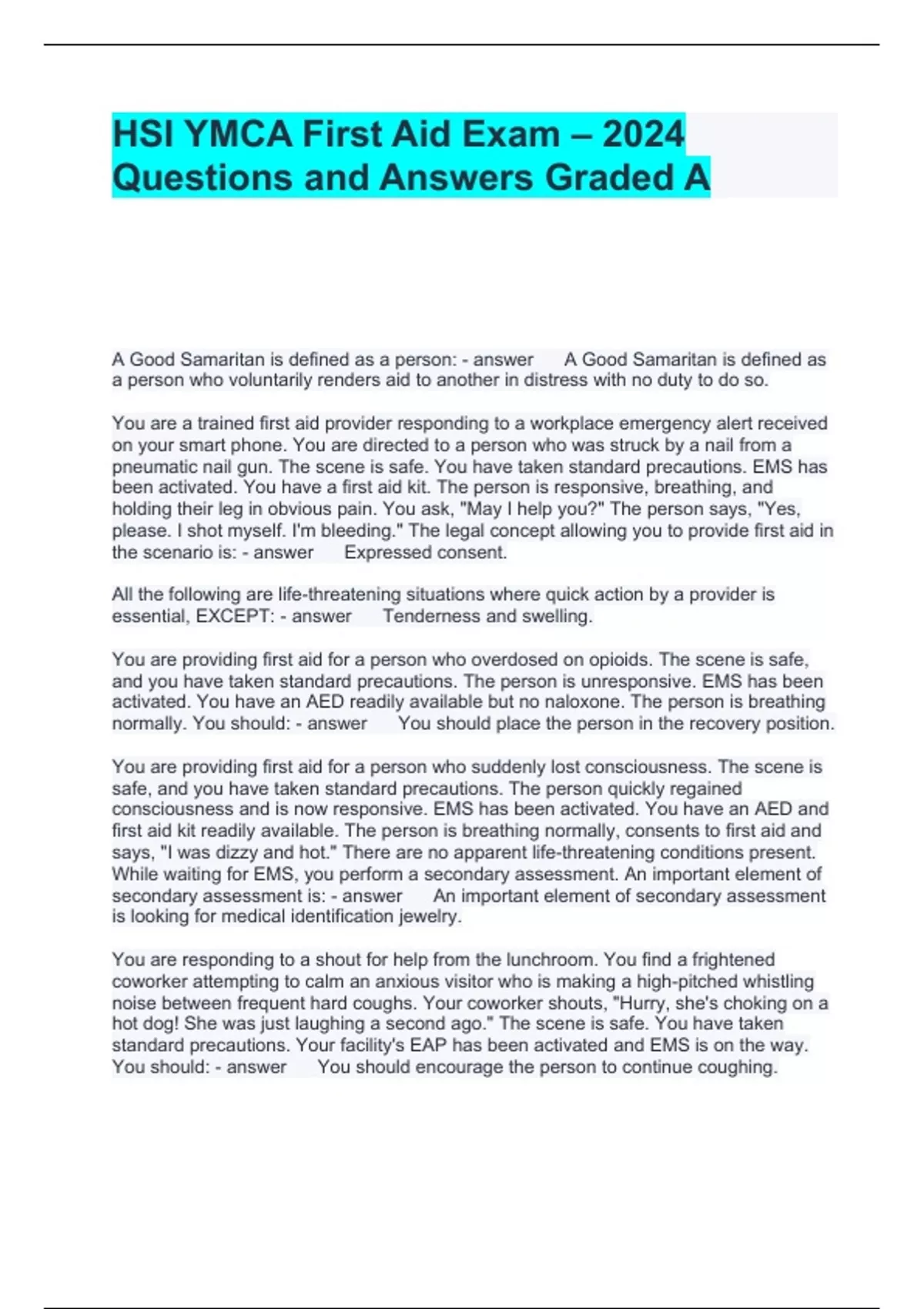 HSI YMCA First Aid Exam – 2024 Questions and Answers Graded A - Ymca ...