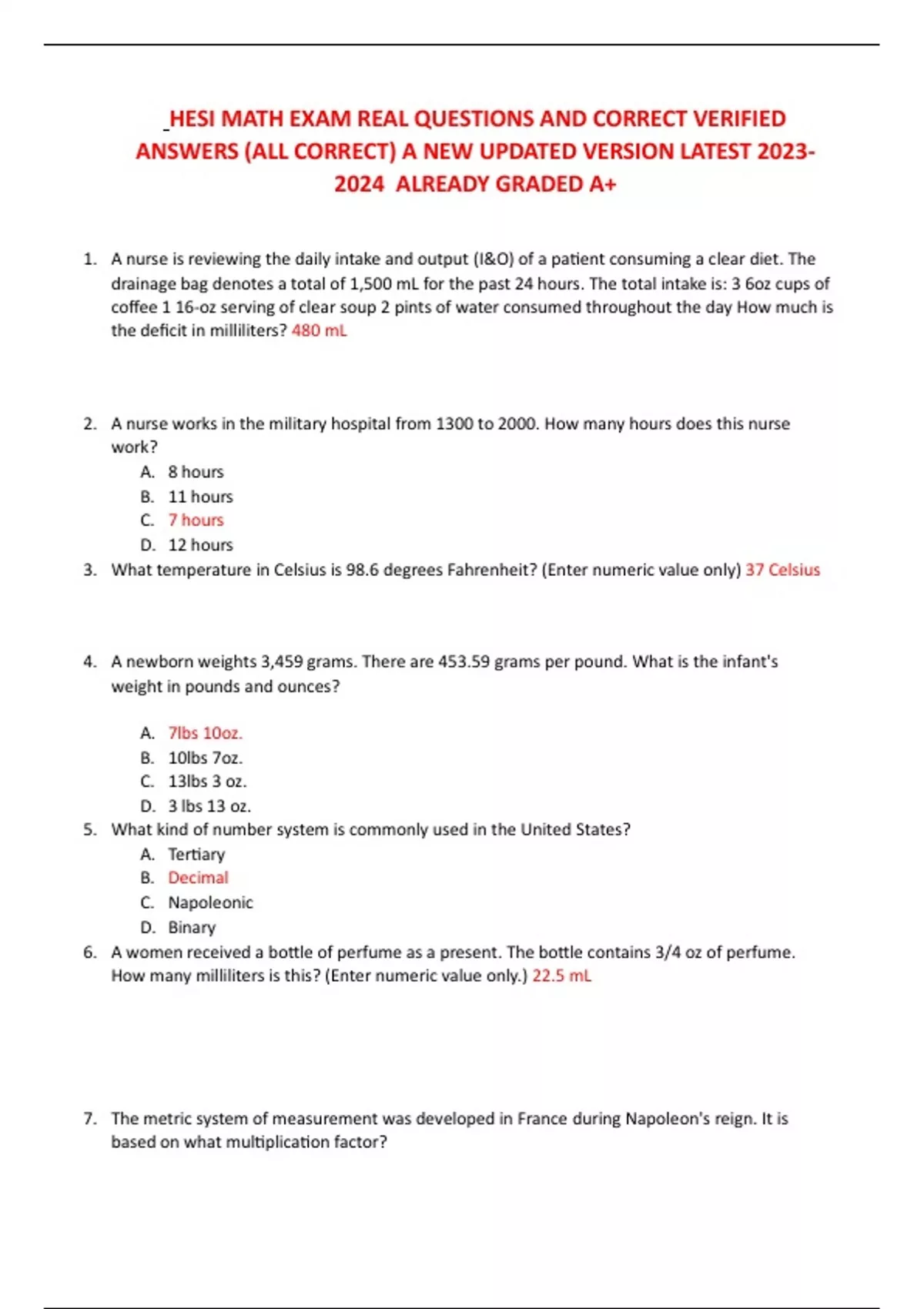 HESI MATH EXAM REAL QUESTIONS AND CORRECT VERIFIED ANSWERS (ALL CORRECT ...