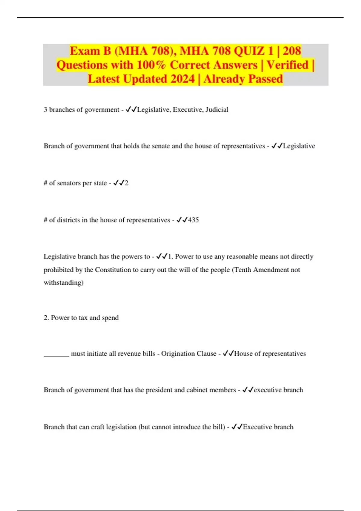 Exam B (MHA 708), MHA 708 QUIZ 1 | 208 Questions with 100% Correct ...