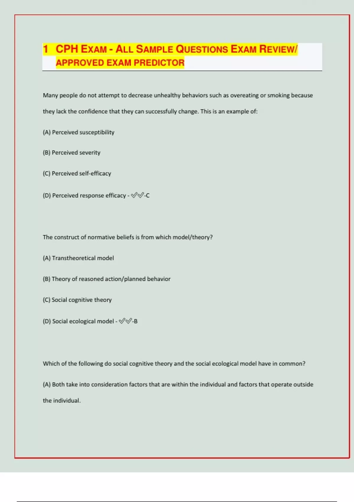 CPH EXAM - ALL SAMPLE QUESTIONS EXAM REVIEW/ APPROVED EXAM | LATEST ...
