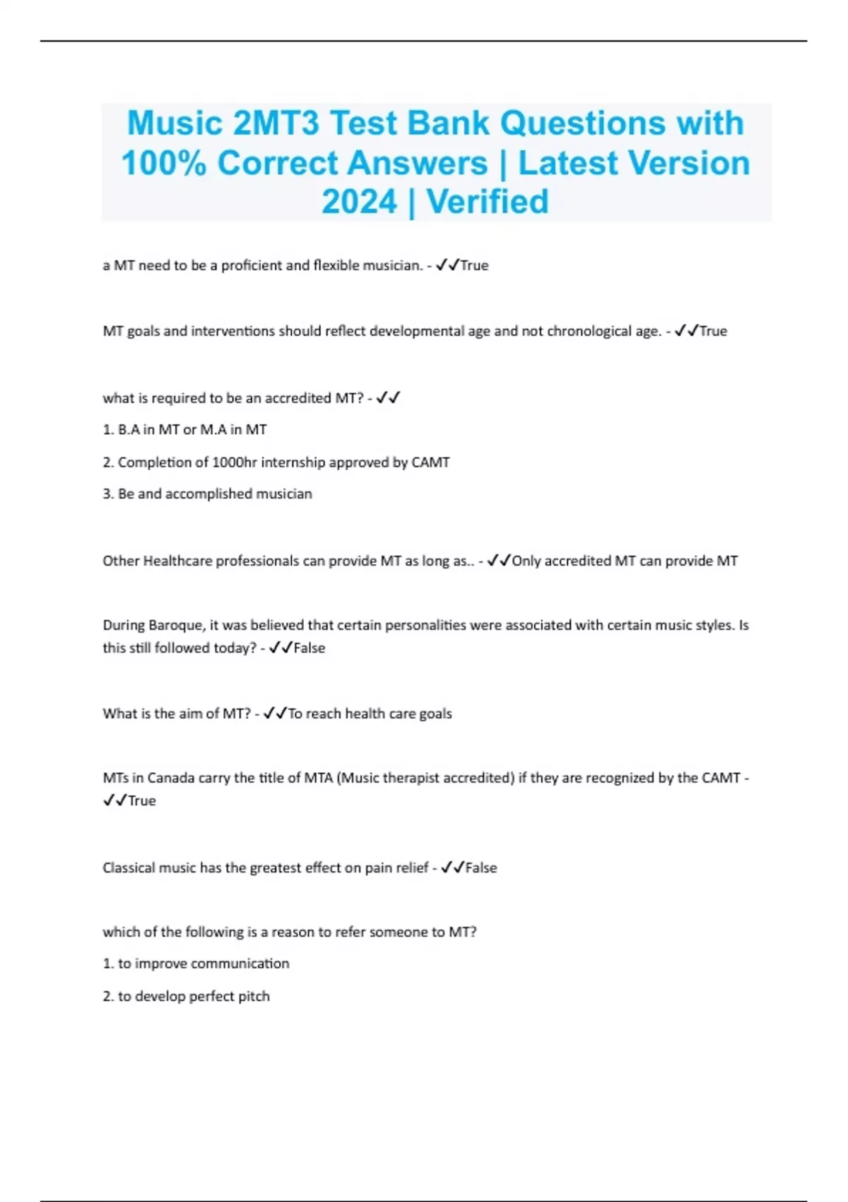 Music 2MT3 Test Bank Questions with 100% Correct Answers | Latest ...
