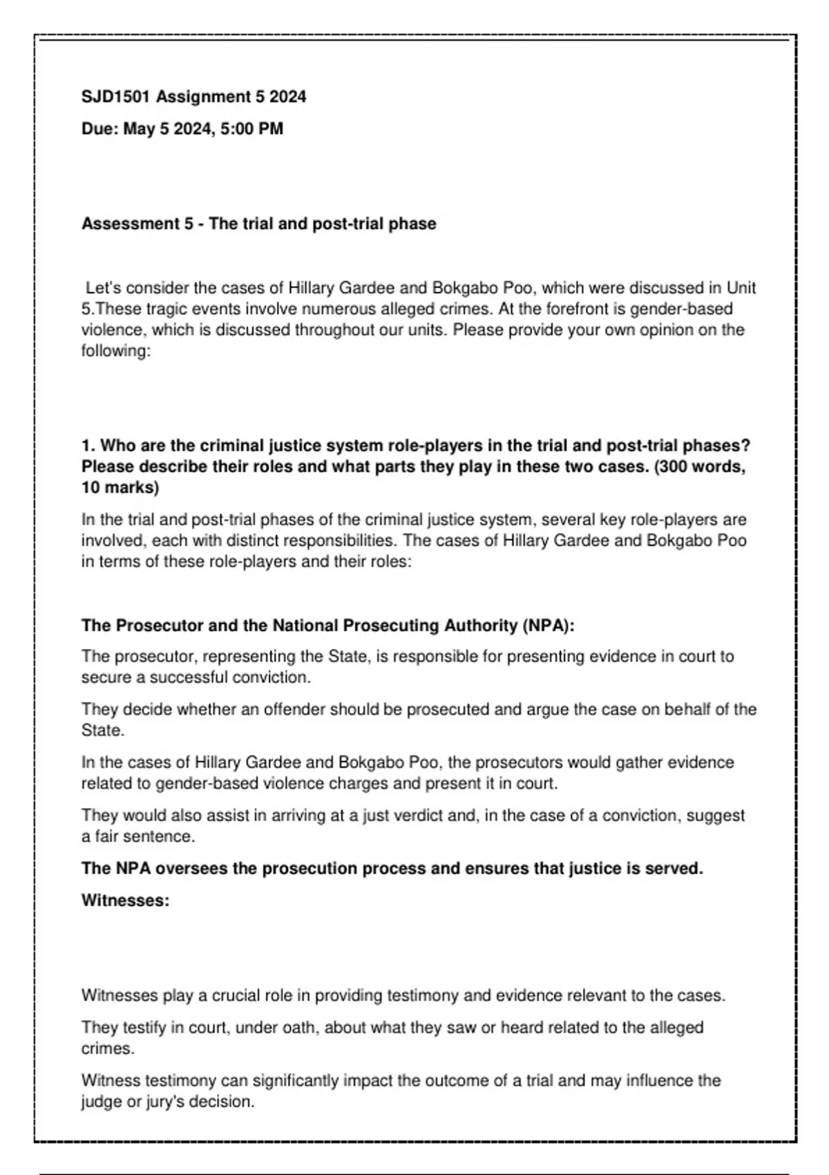 SJD1501 Assignment 5 2024 - SJD1501 (SJD1501) - Stuvia SA