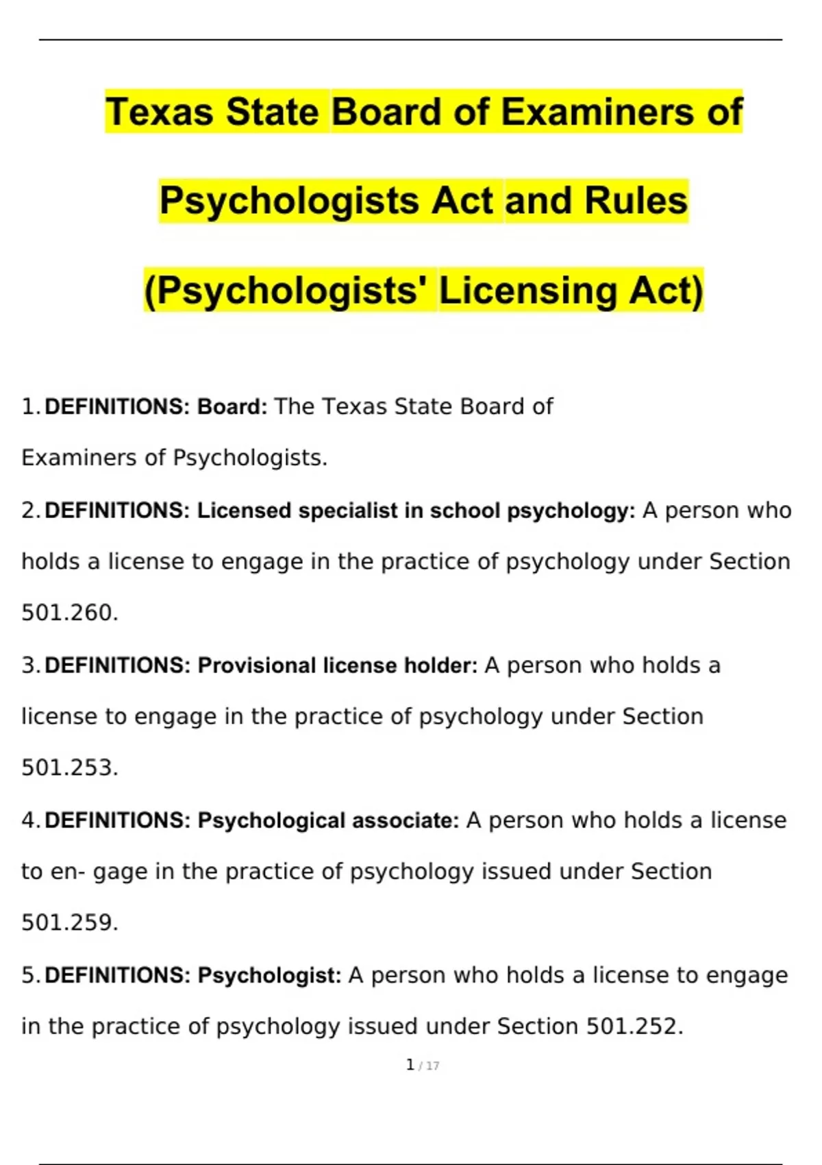 Texas State Board of 2025 Examiners of Psychologists Act and Rules ...