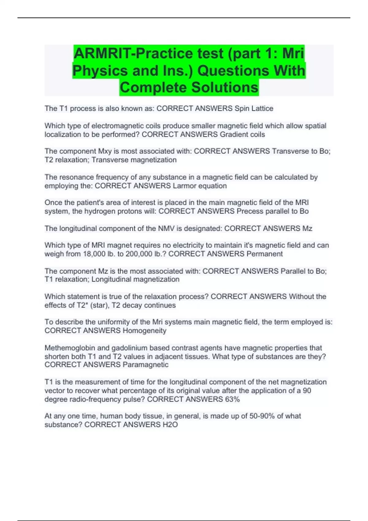 ARMRIT-Practice test (part 1: Mri Physics and Ins.) Questions With ...