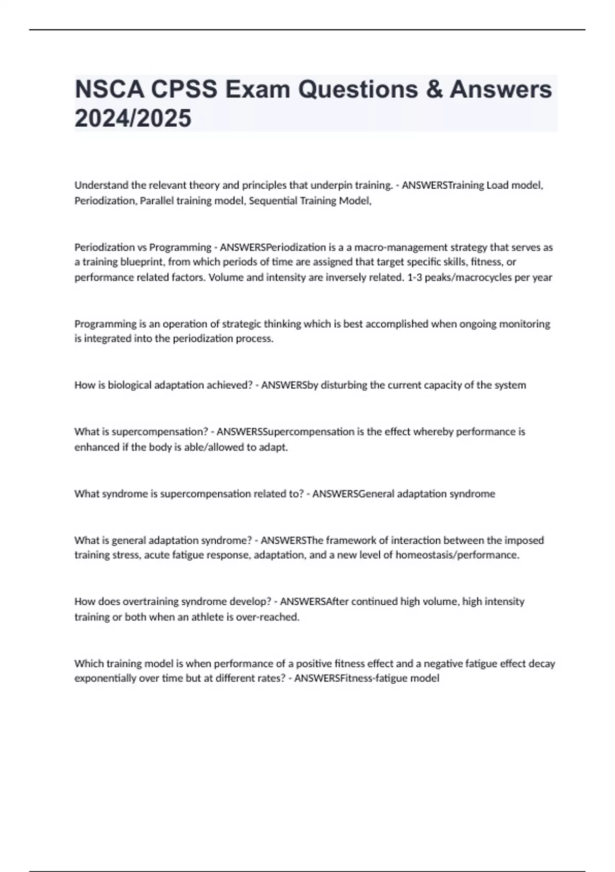 NSCA CPSS Exam Questions & Answers 2024/2025 - NSCA CPSS - Stuvia US