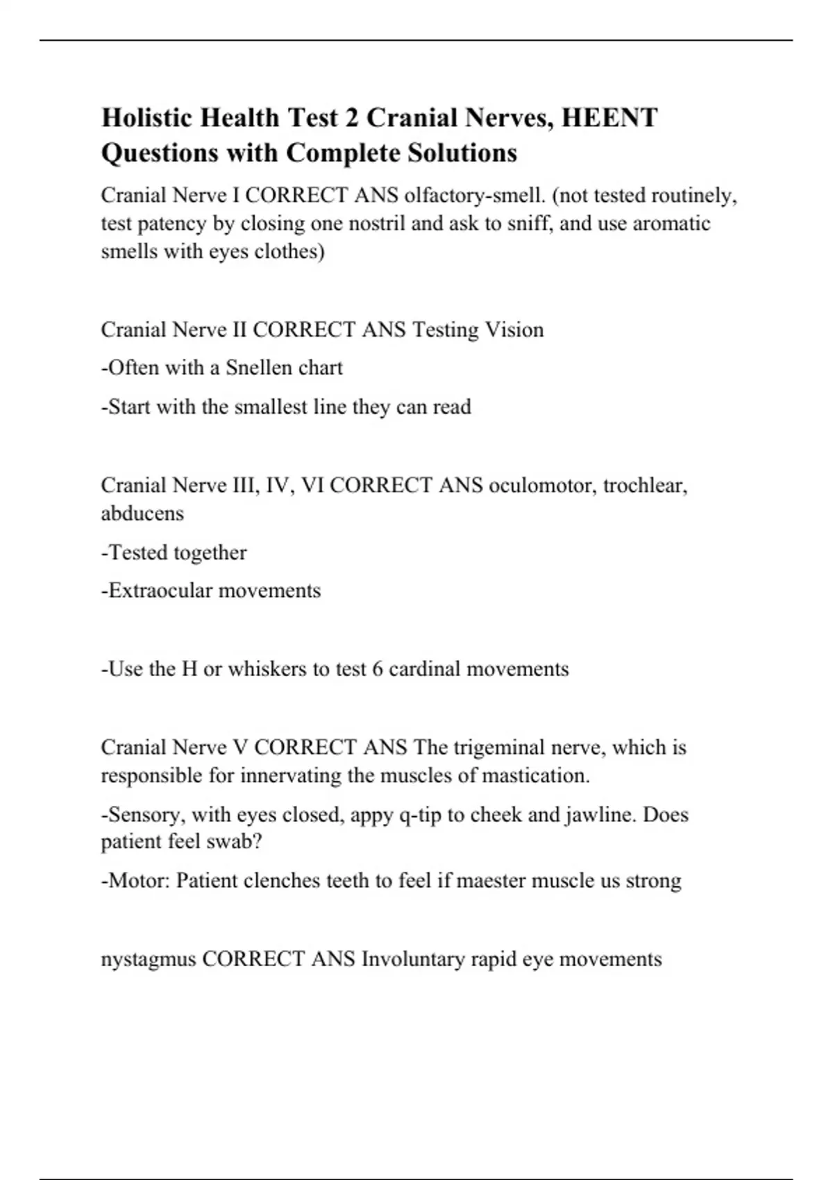 Holistic Health Test 2 Cranial Nerves, HEENT Questions with Complete ...
