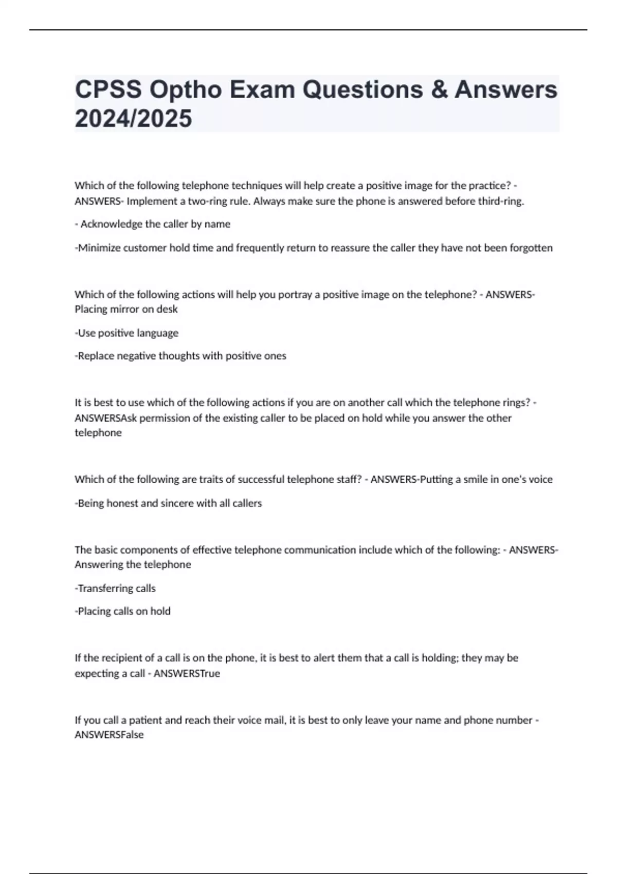 CPSS Optho Exam Questions & Answers 2024/2025 - CPSS Optho - Stuvia US