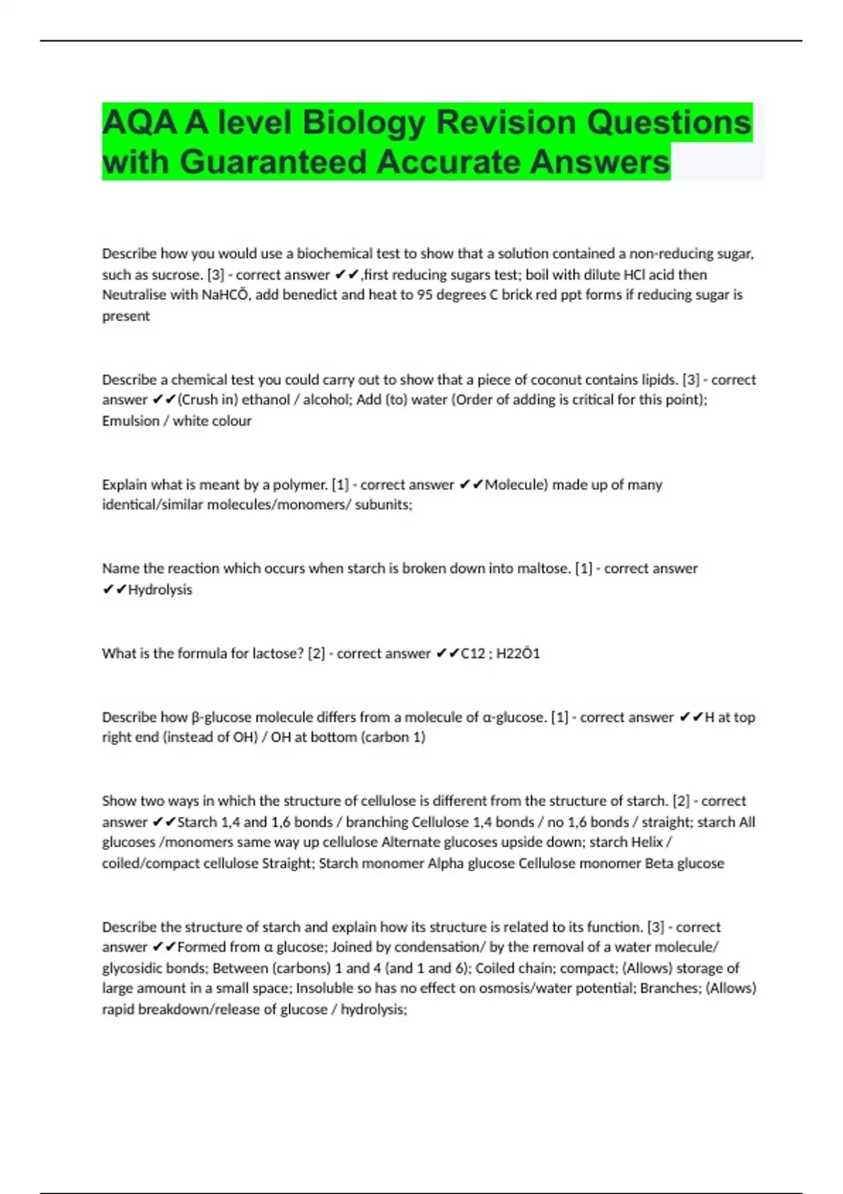 AQA A level Biology Revision Questions with Guaranteed Accurate Answers ...