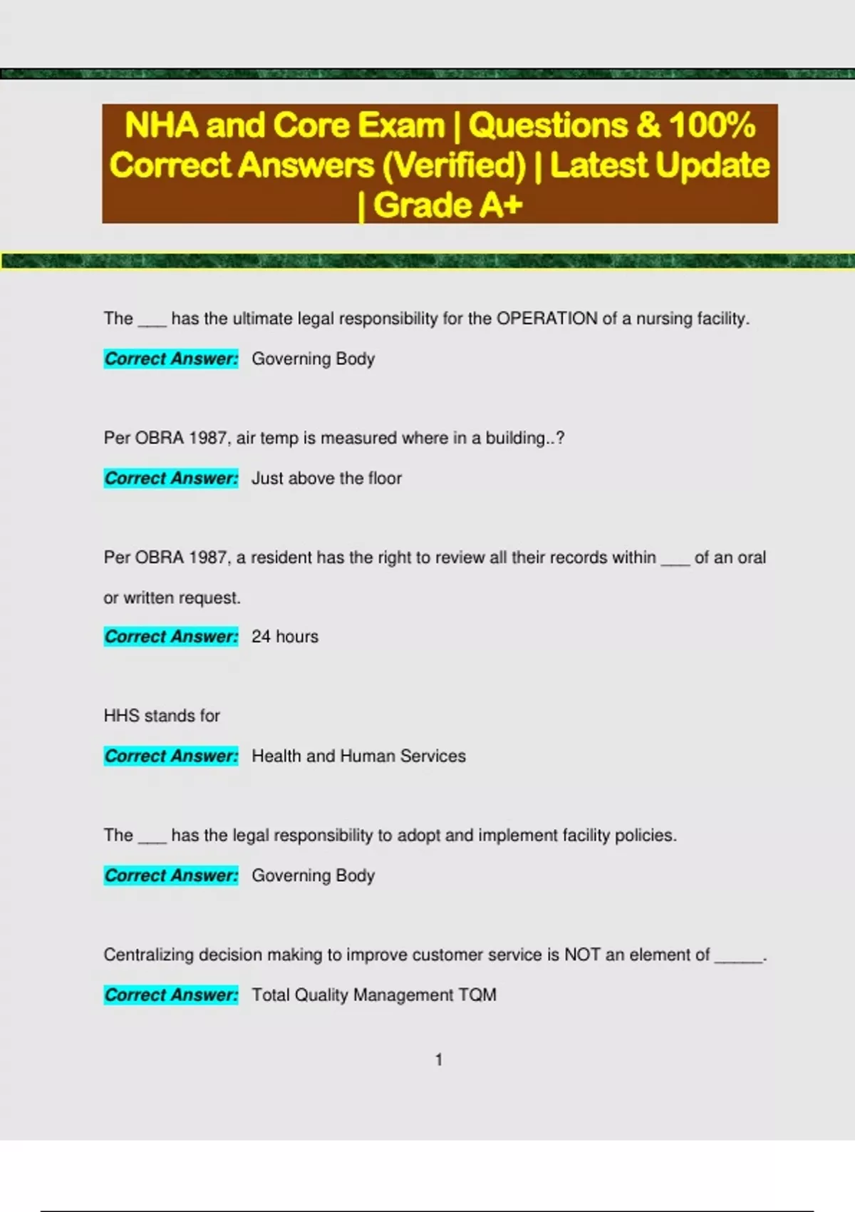 NHA and Core Exam | Questions & 100% Correct Answers (Verified ...