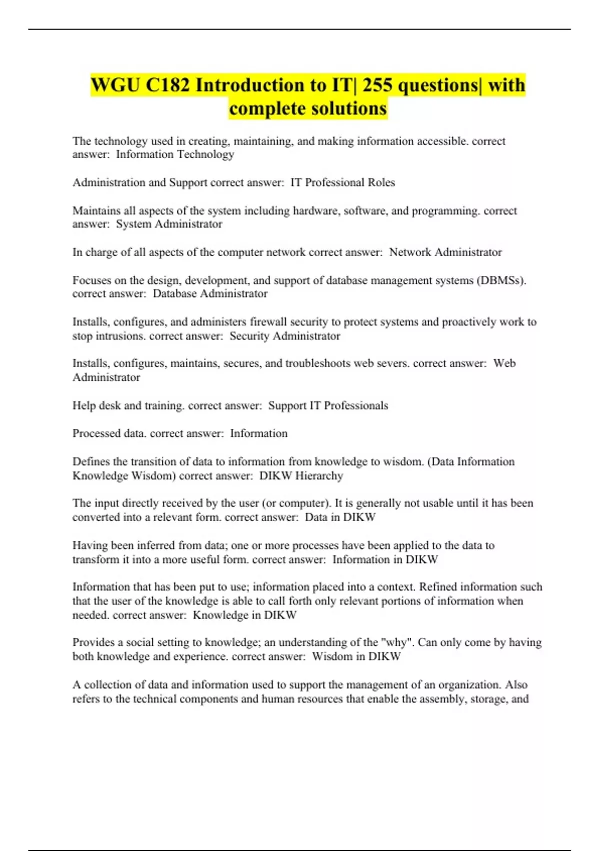 WGU C182 Intro To IT - Practice Test A| 100 questions| with complete ...