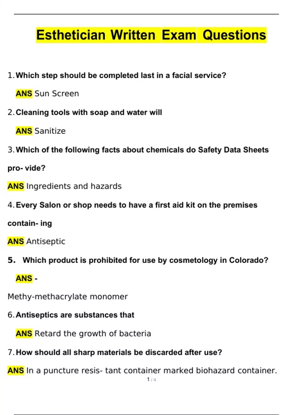 Esthetician Written Exam Practice test 1 & 2 BUNDLED Washington ...