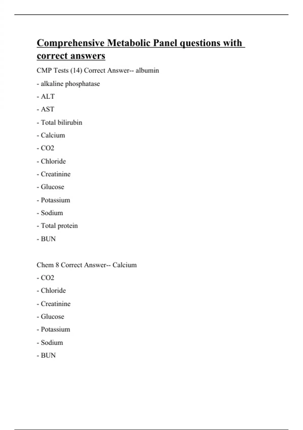 Comprehensive Metabolic Panel questions with correct answer1 ...