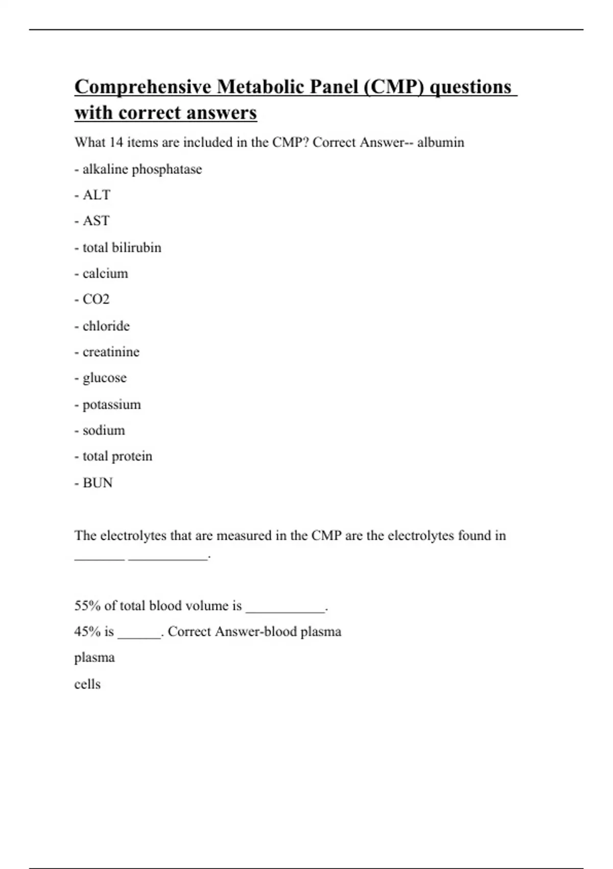 Comprehensive Metabolic Panel (CMP) questions with correct answers - Comprehensive Metabolic ...