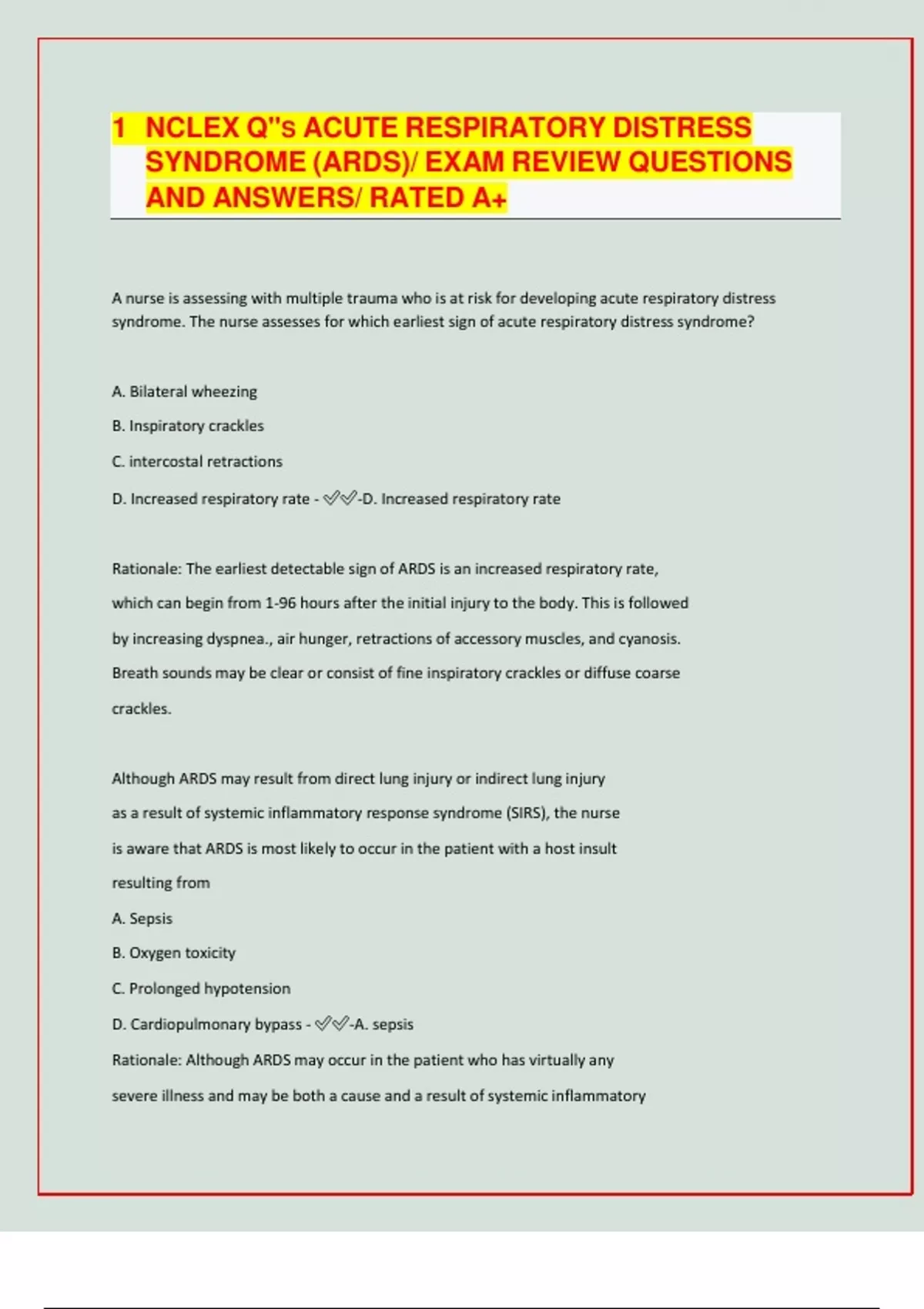 NCLEX Q"S ACUTE RESPIRATORY DISTRESS SYNDROME (ARDS)/ EXAM REVIEW ...