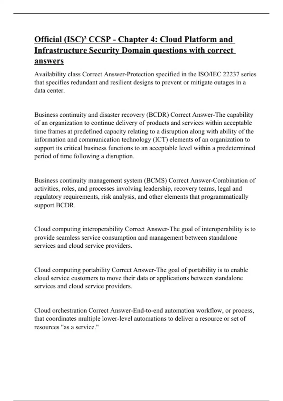 Official Isc ² Ccsp Chapter 4 Cloud Platform And Infrastructure Security Domain Questions
