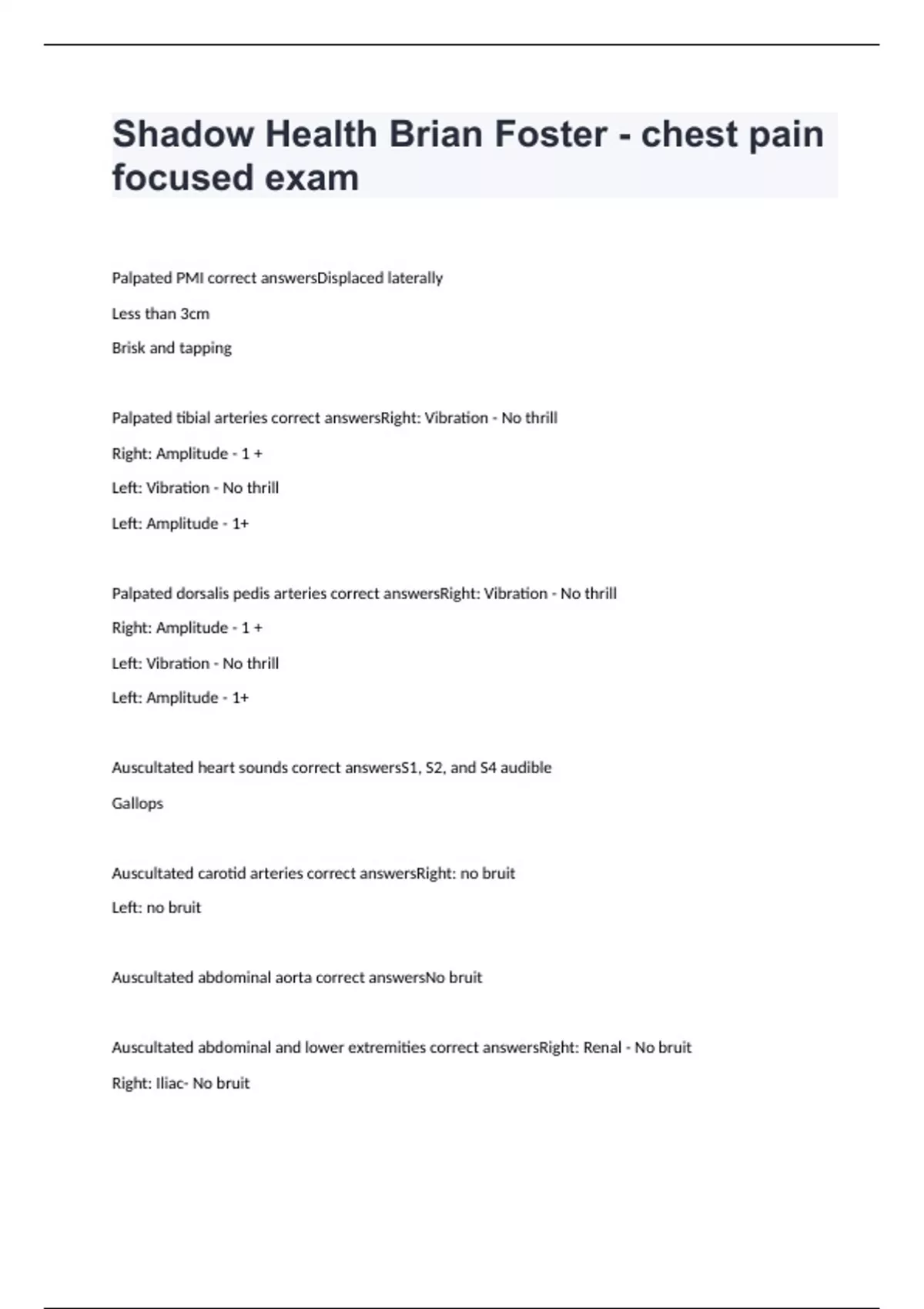 Shadow Health Brian Foster - chest pain focused exam 2024 with correct ...