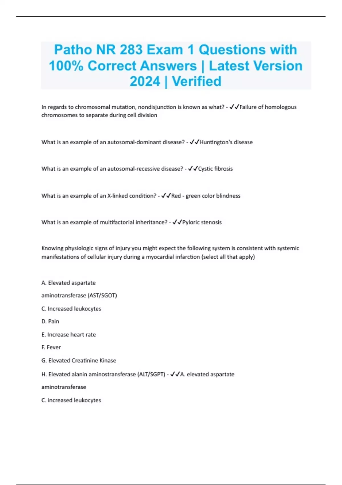 Patho NR 283 Exam 1 Questions with 100% Correct Answers | Latest ...