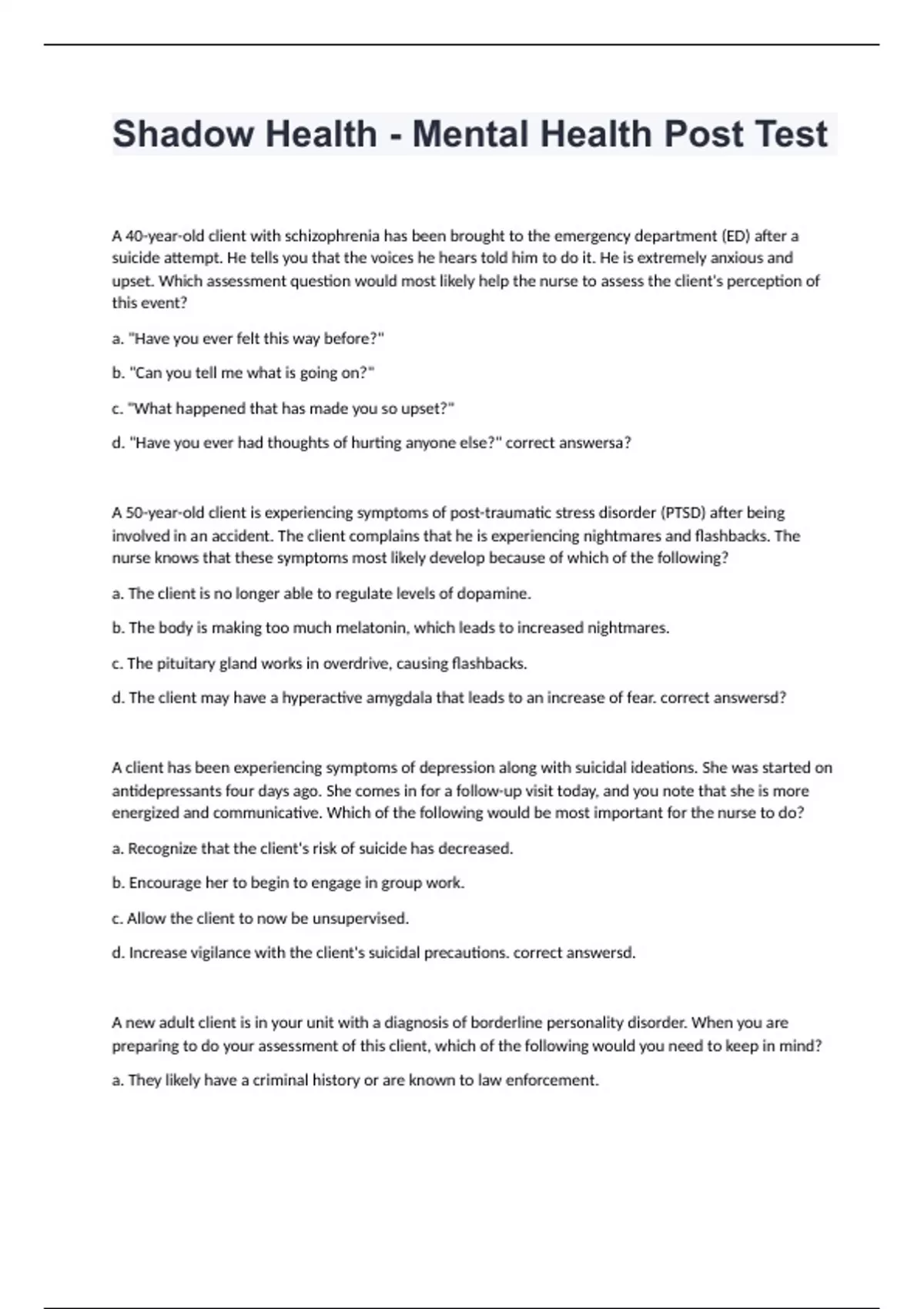 Shadow Health - Mental Health Post Test with 100% complete solutions ...