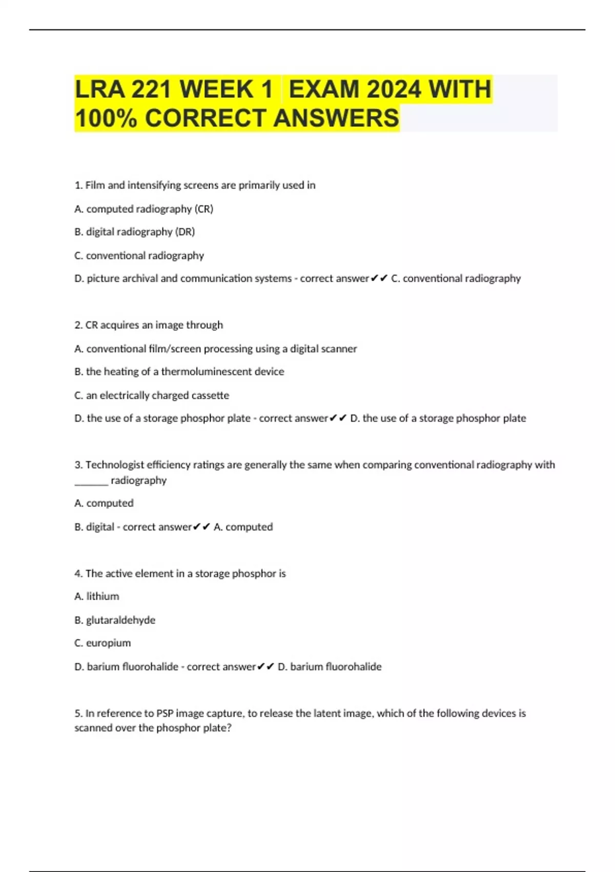 LRA 221 WEEK 1 EXAM 2024 WITH 100% CORRECT ANSWERS - LRA 221 - Stuvia US