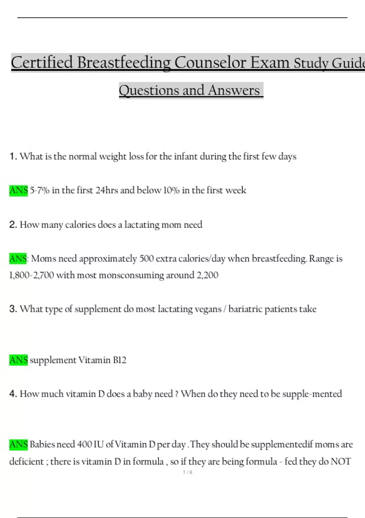 Certified Breastfeeding Counselor Exam Study Guide Questions and ...