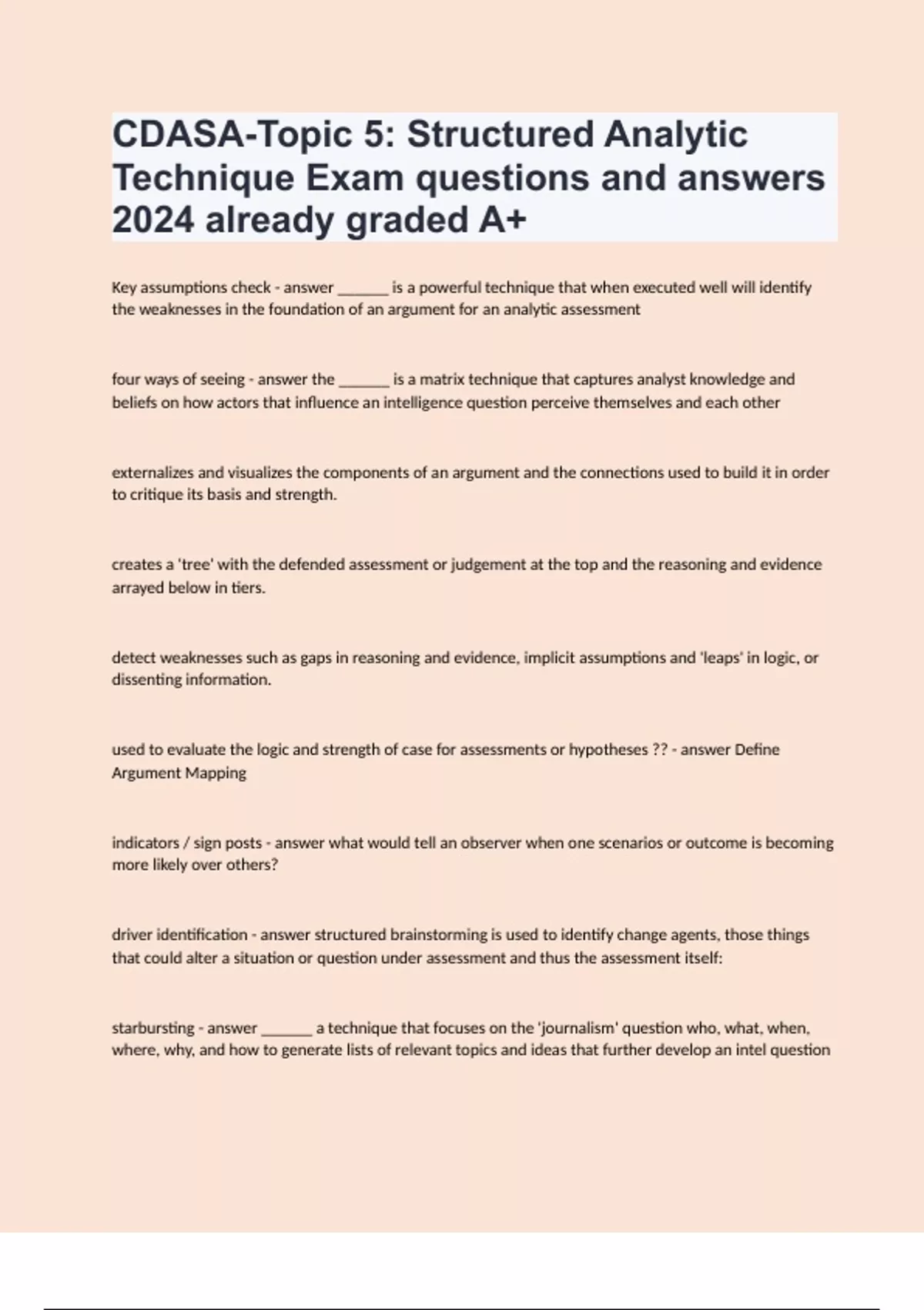 CDASA-Topic 5: Structured Analytic Technique Exam questions and answers ...