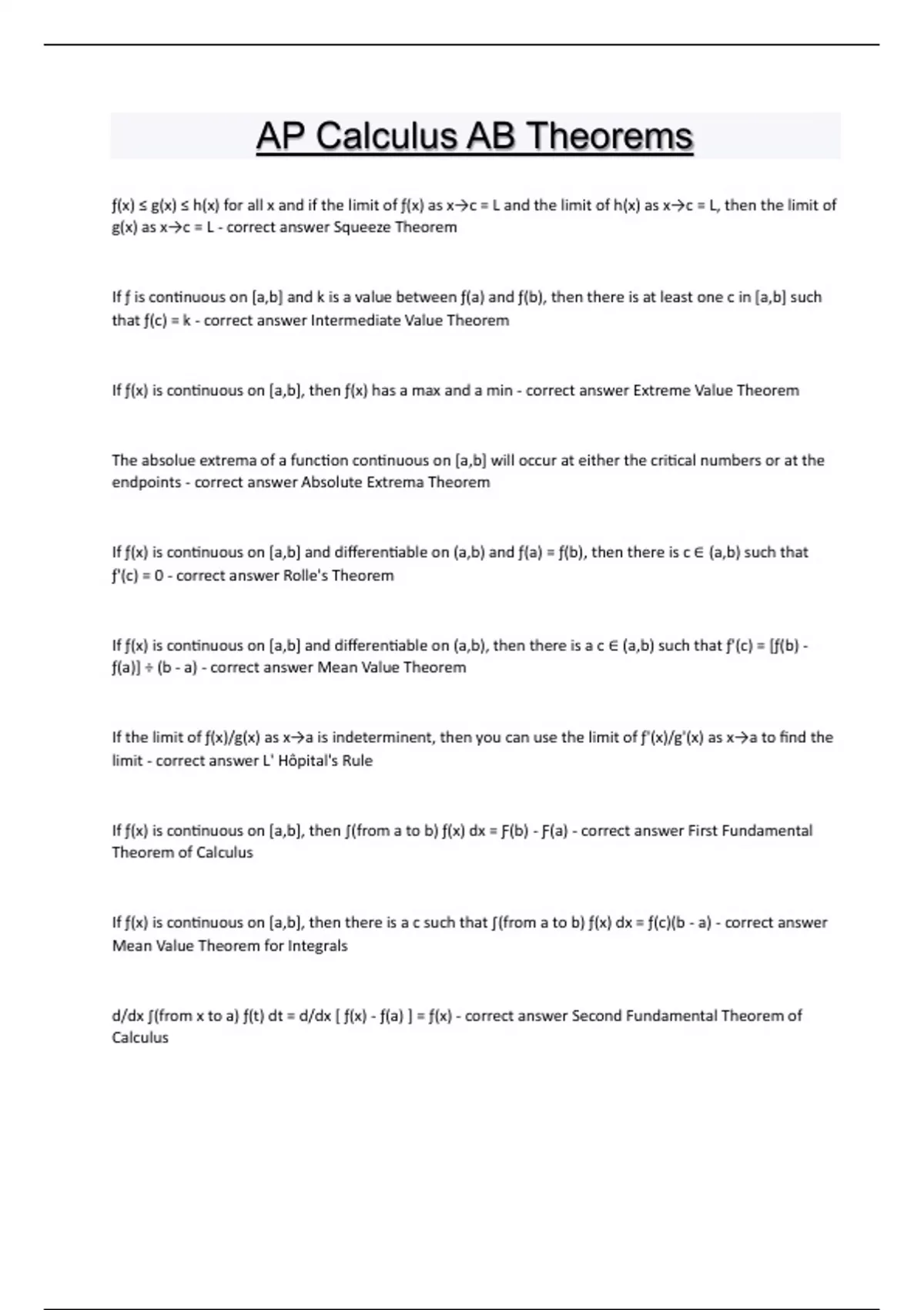 Ap Calculus Ab Theorems Questions And Answers Latest Update Calculus Ab Stuvia Us