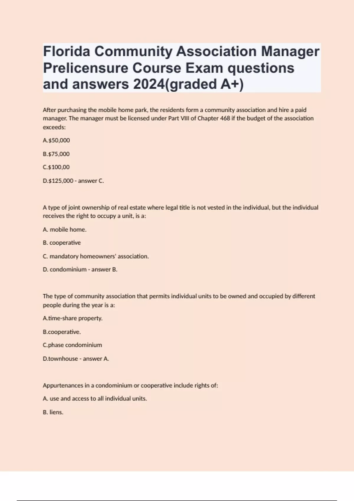 Florida Community Association Manager Prelicensure Course Exam ...