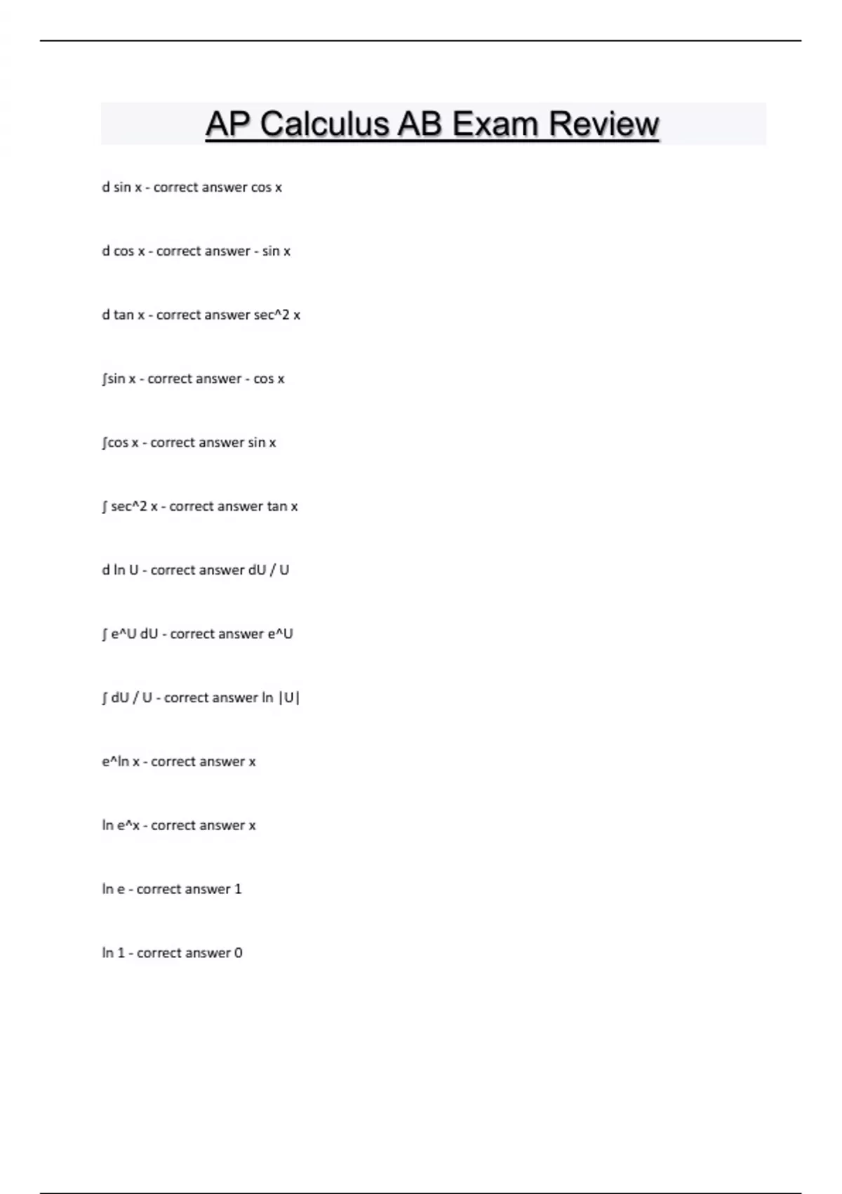 AP Calculus AB Exam Review Questions and answers latest update ...