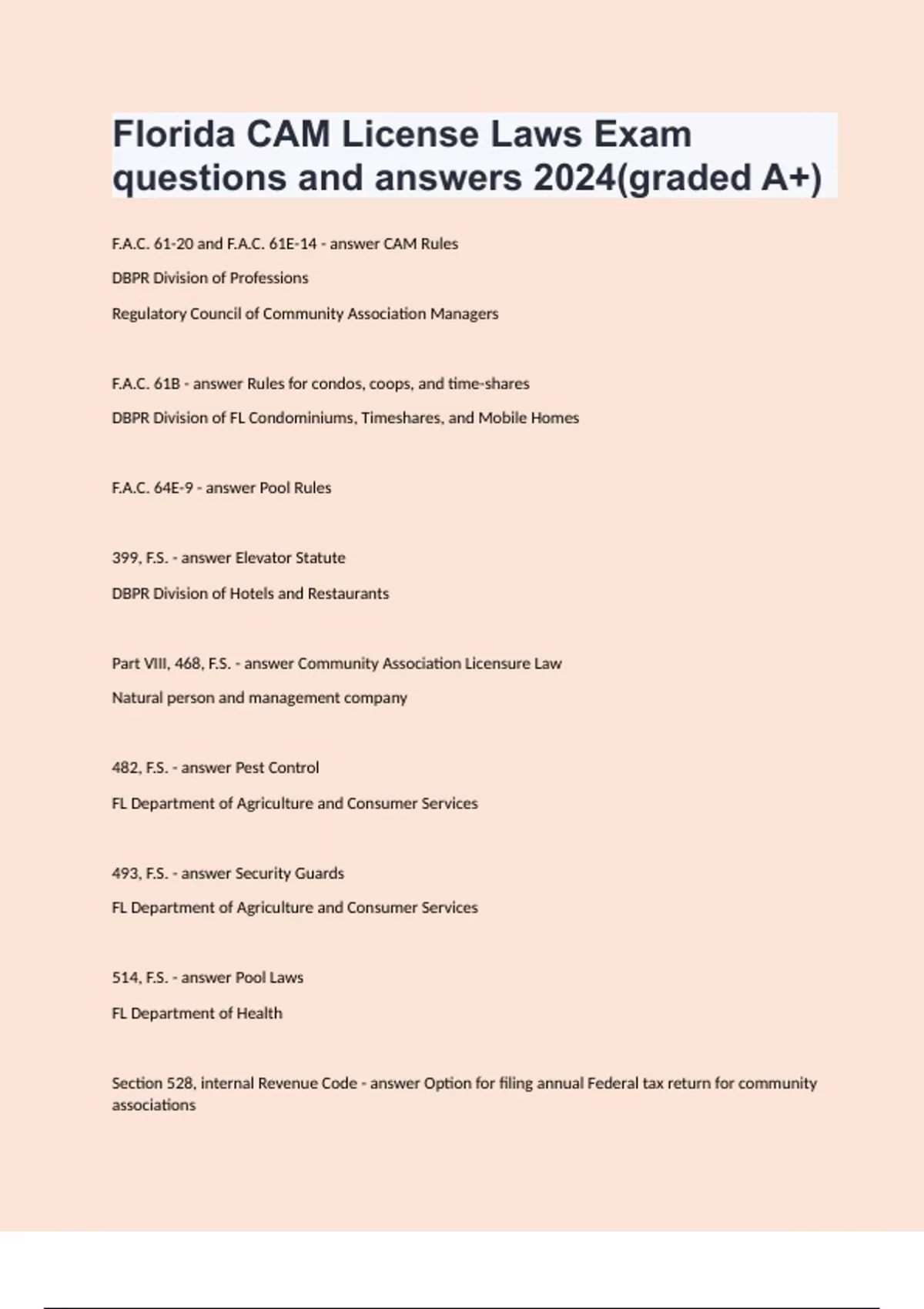 Florida CAM License Laws Exam questions and answers 2024(graded A+ ...
