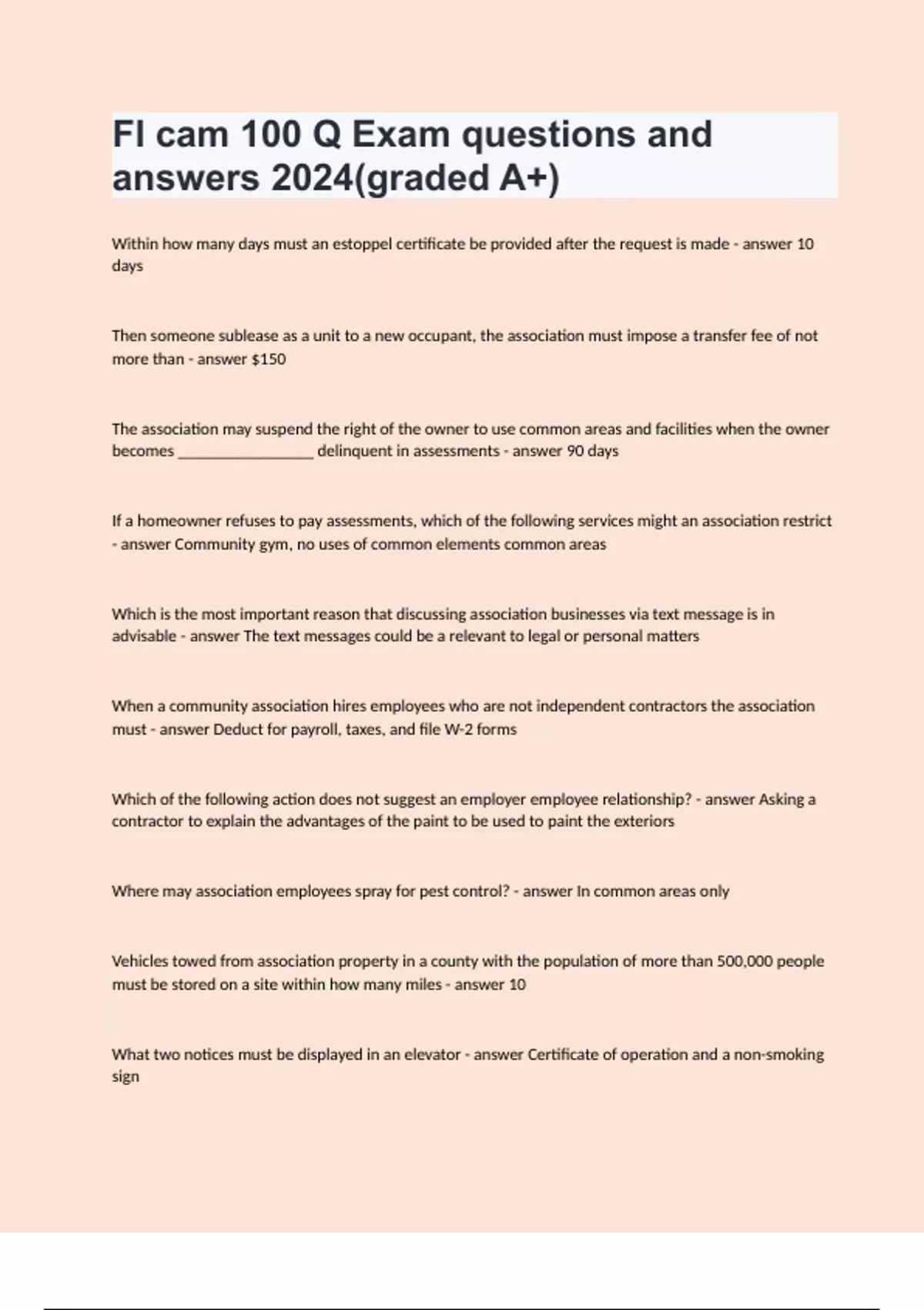 FLORIDA PRACTICE CAM Exam 1 questions and answers 2024(graded A+). - FL ...