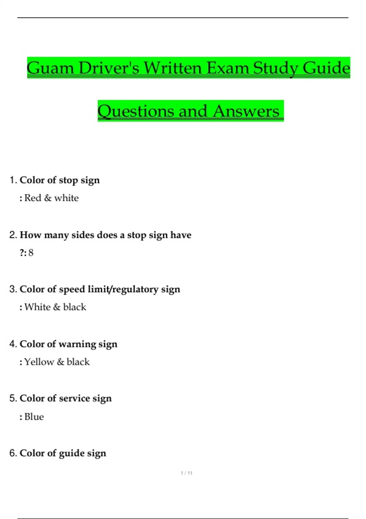 Guam Drivers Written Exam Study Guide Questions and Verified Answers ...