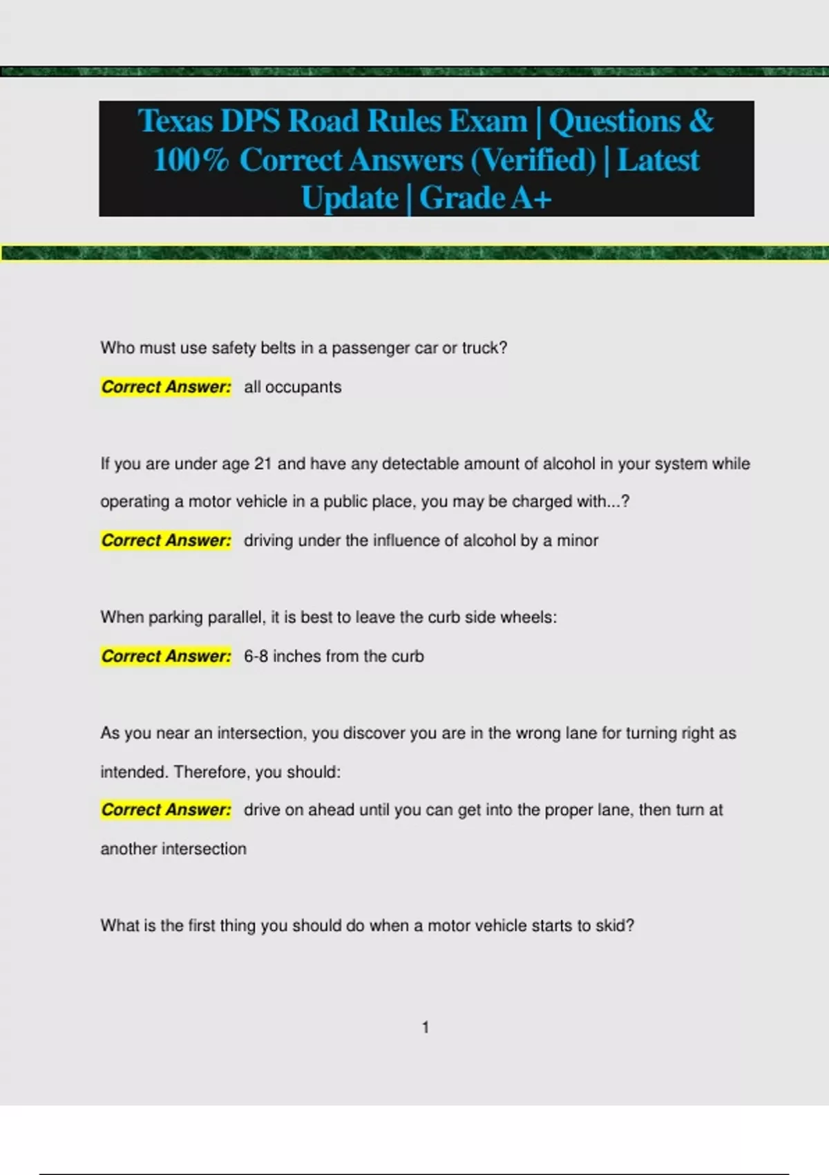 Texas DPS Road Rules Exam | Questions & 100% Correct Answers (Verified ...