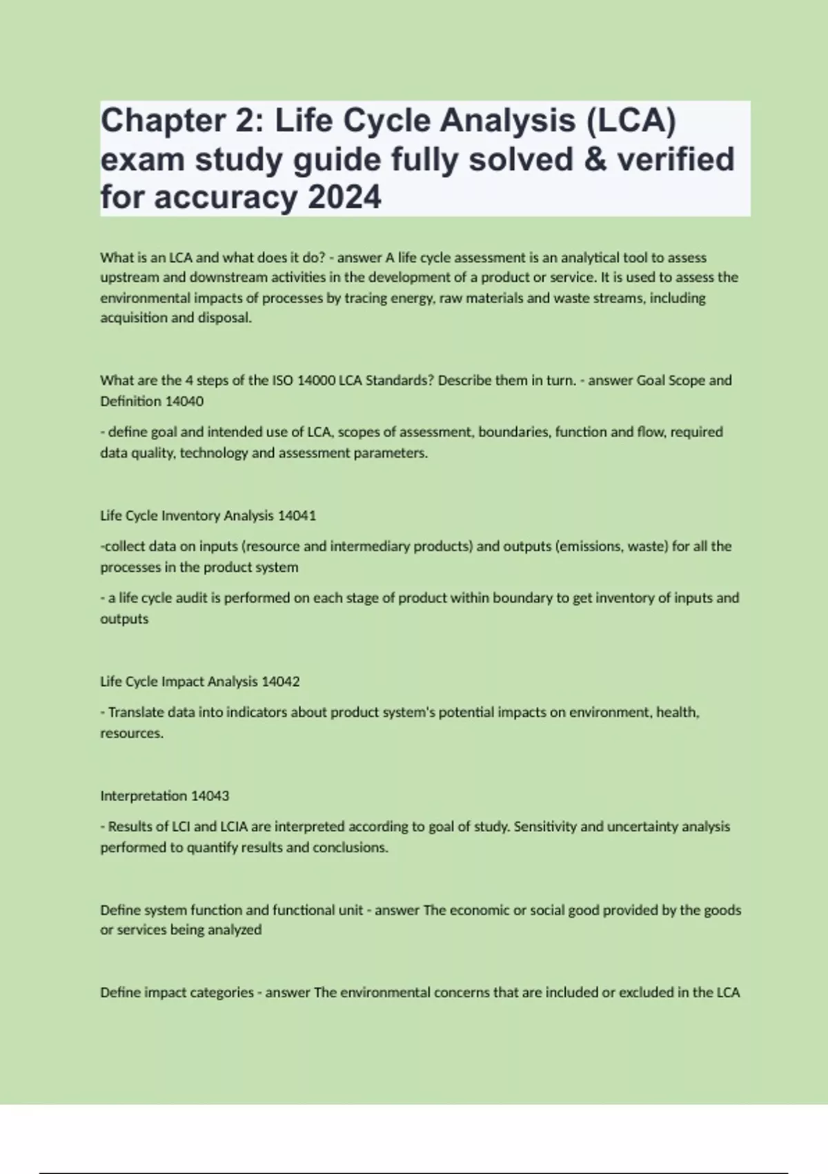 Chapter 2: Life Cycle Analysis (LCA) exam study guide fully solved ...