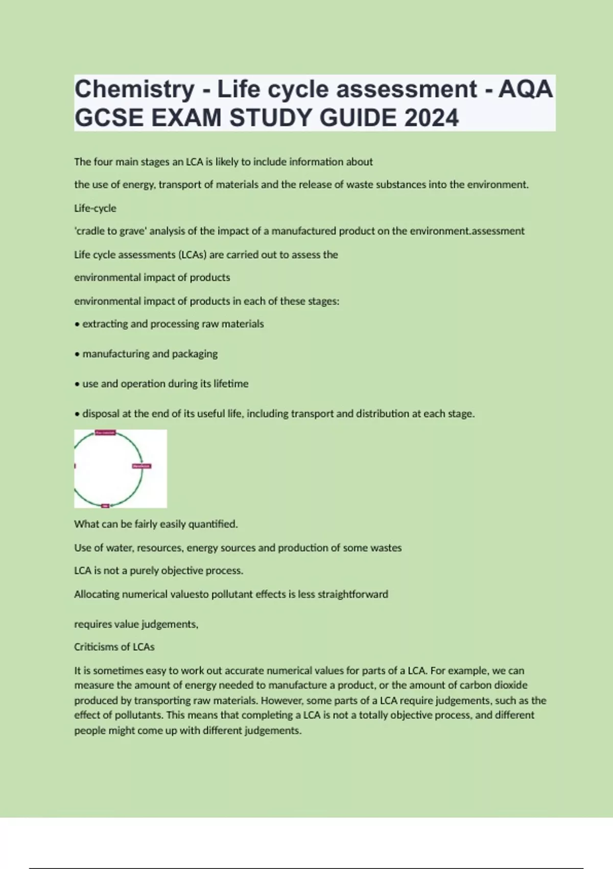 Chemistry - Life cycle assessment - AQA GCSE EXAM STUDY GUIDE 2024 - LCAS - Stuvia US