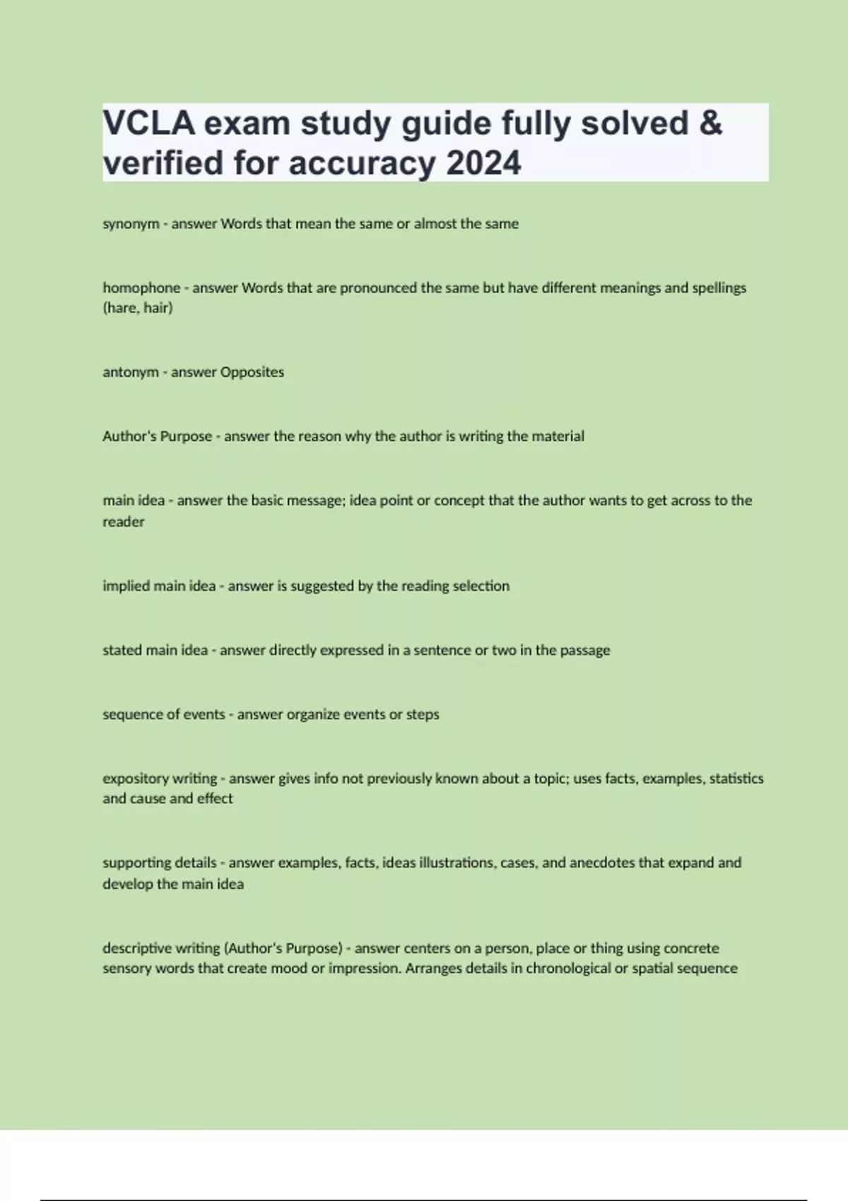 VCLA exam study guide fully solved & verified for accuracy 2024 - VCLA ...