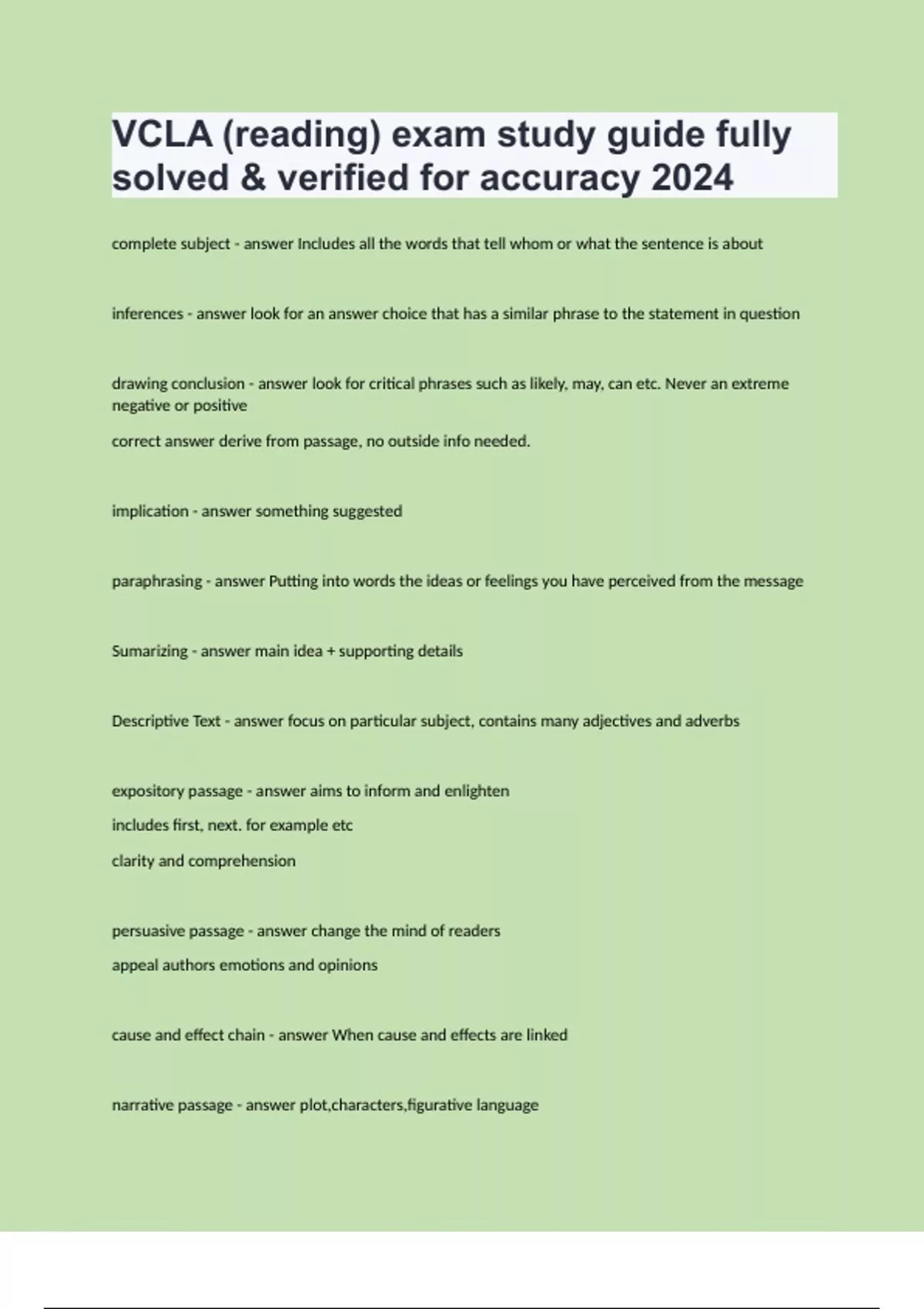 VCLA (reading) exam study guide fully solved & verified for accuracy ...