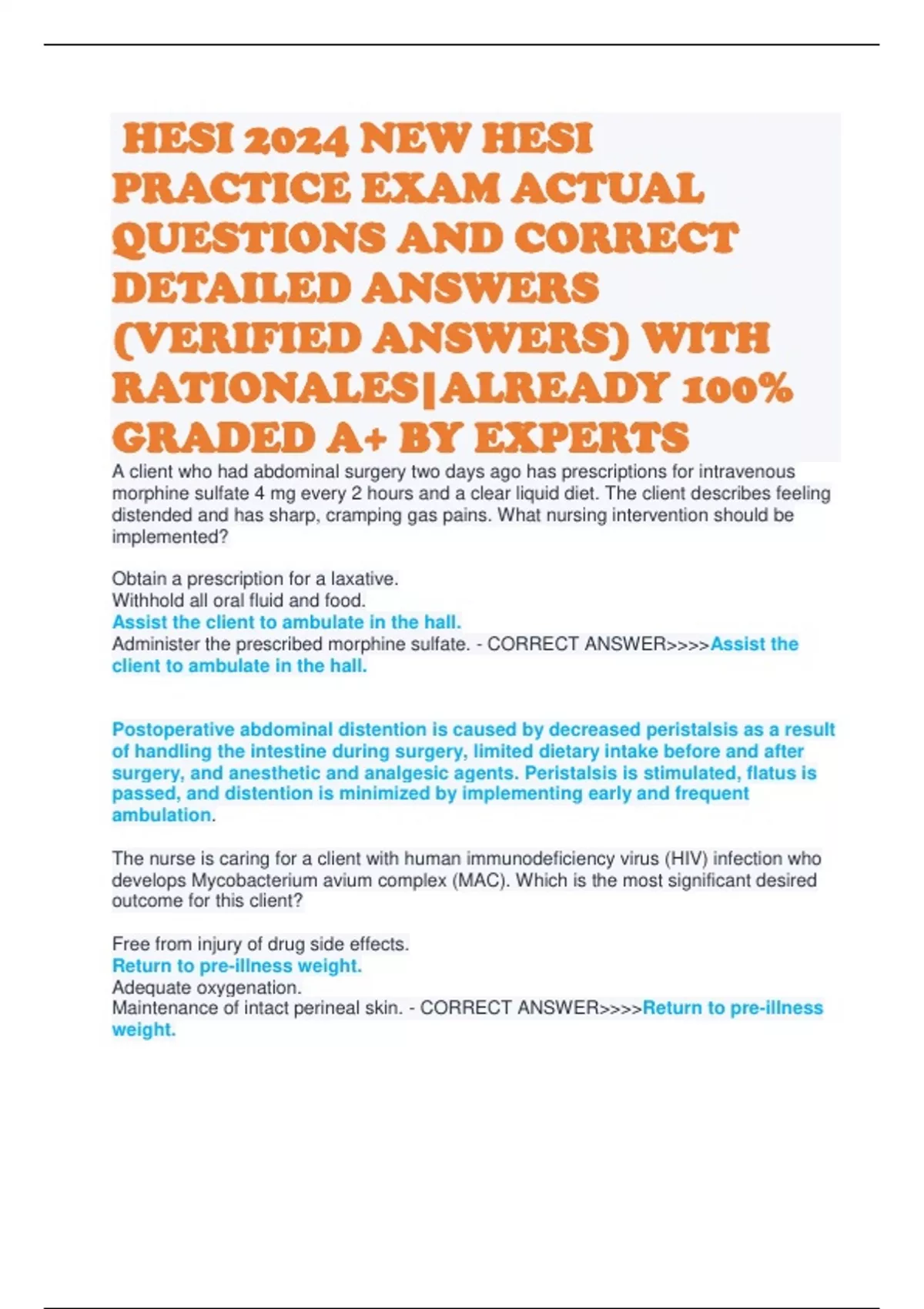 HESI 2024 NEW HESI PRACTICE EXAM ACTUAL QUESTIONS AND CORRECT DETAILED ...