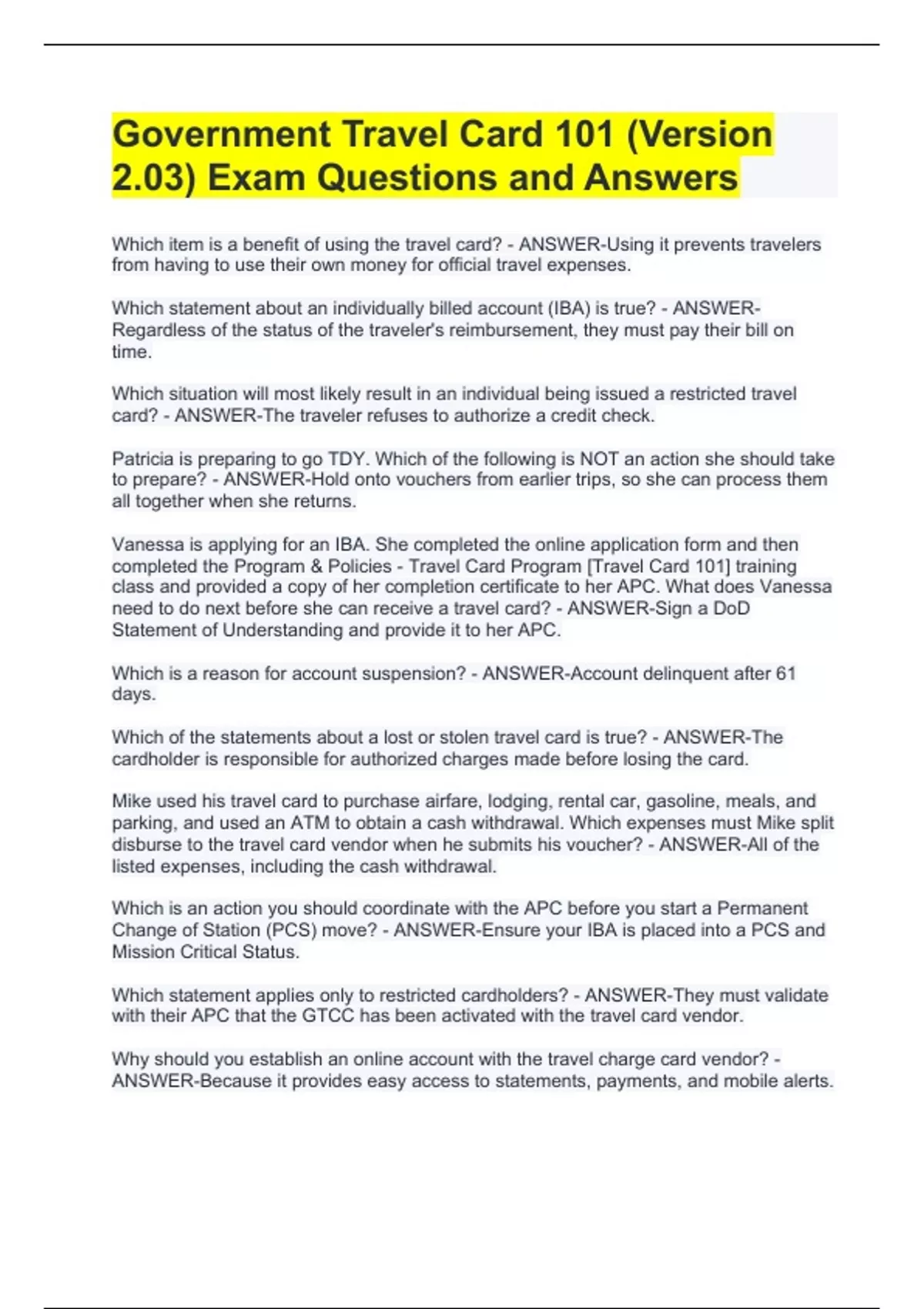 Government Travel Card 101 (Version 2.03) Exam Questions and Answers ...