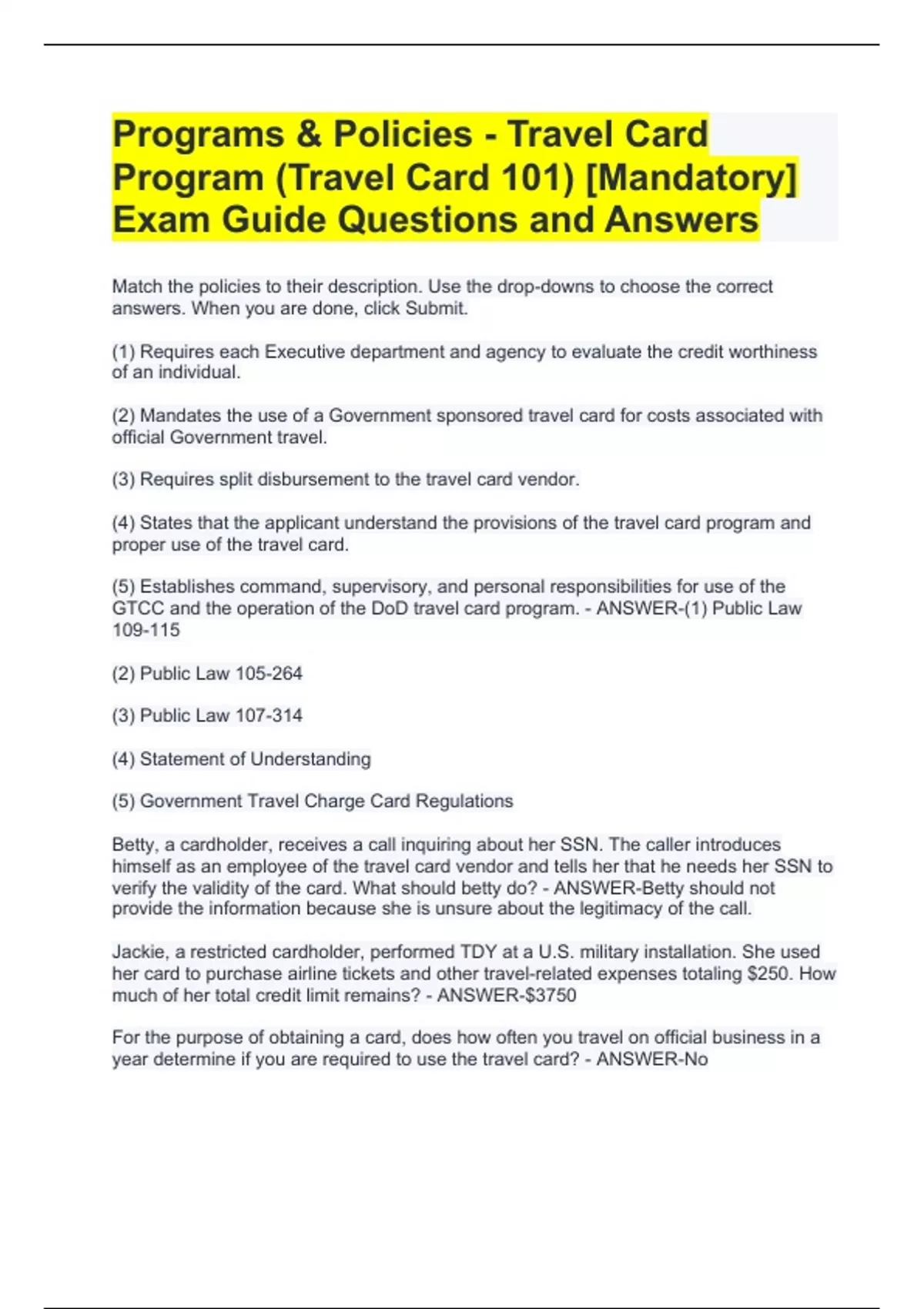 Programs & Policies - Travel Card Program (Travel Card 101) [Mandatory] Exam Guide Questions and ...