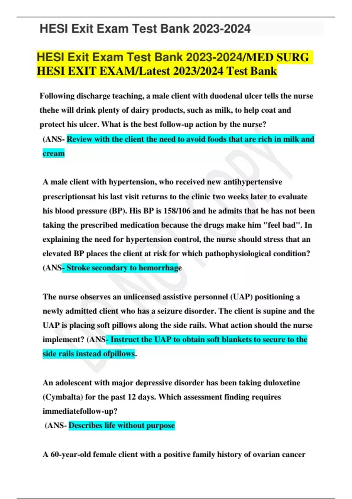 HESI Exit Exam Test Bank /MED SURG HESI EXIT EXAM/Latest 2023/2024 Test ...