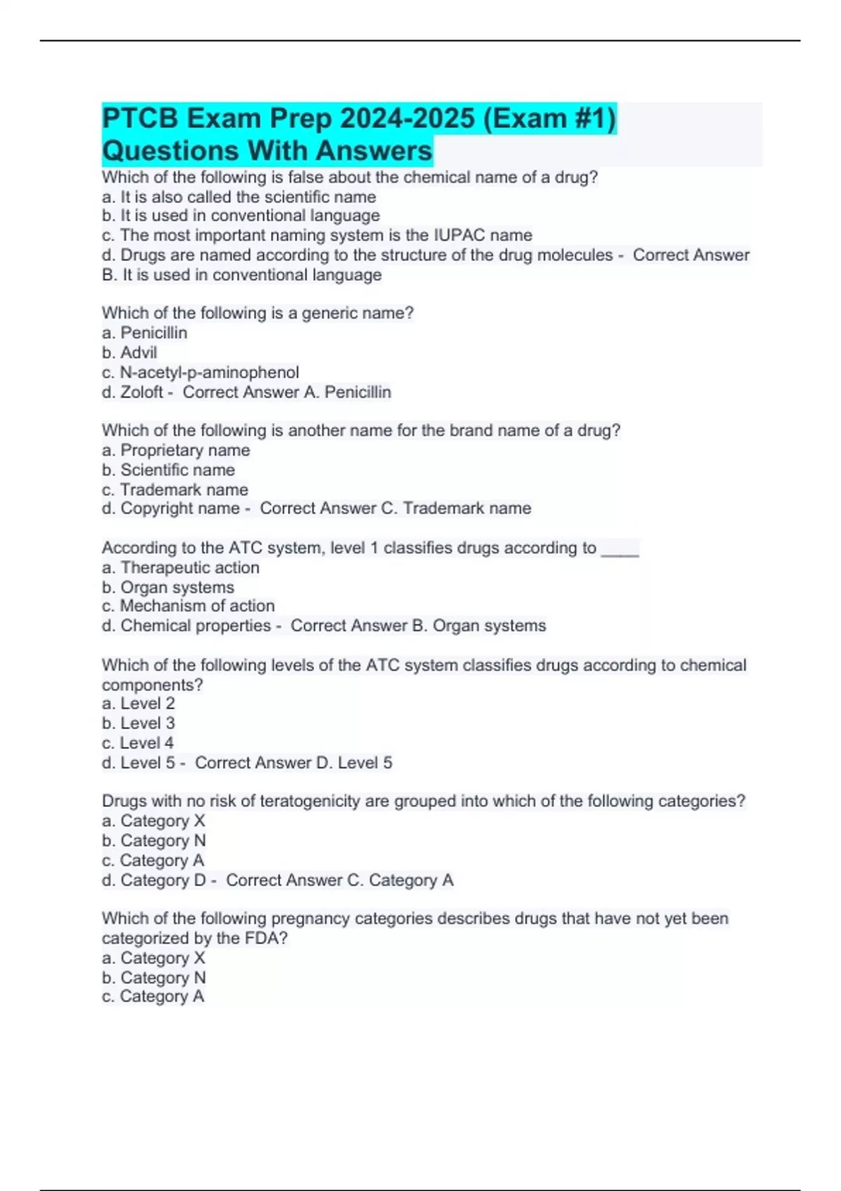 PTCB Exam Prep (Exam #1) Questions With Answers - PTCB - Stuvia US