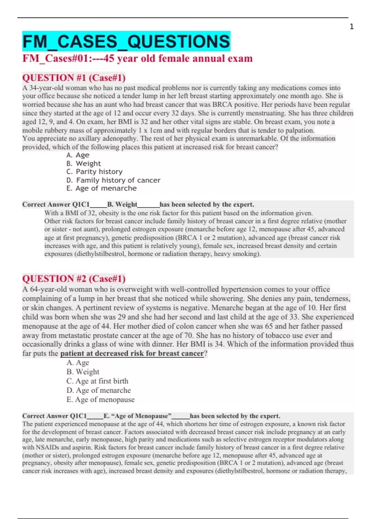 FM_CASES_QUESTIONS FM_Cases#01:---45 year old female annual exam - FM_CASES_ - Stuvia US