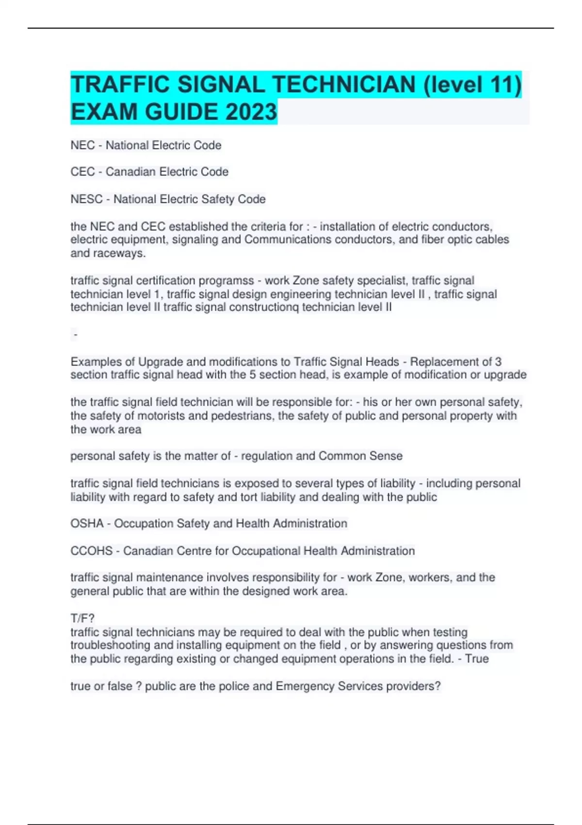 TRAFFIC SIGNAL TECHNICIAN (level 11) EXAM GUIDE 2023 - TRAFFIC SIGNAL ...