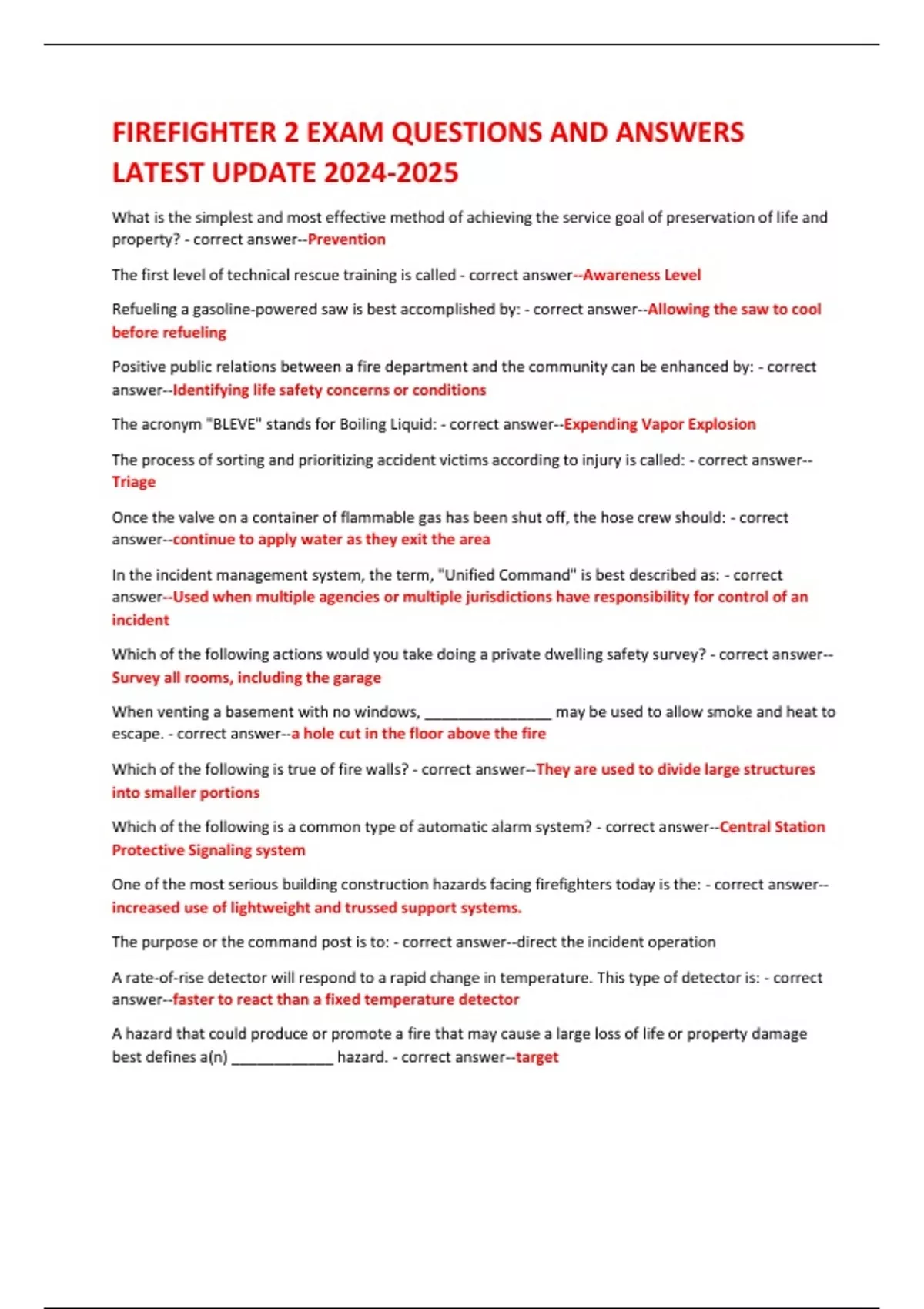 FIREFIGHTER 2 EXAM QUESTIONS AND ANSWERS LATEST UPDATE - FIREFIGHTER 2 ...