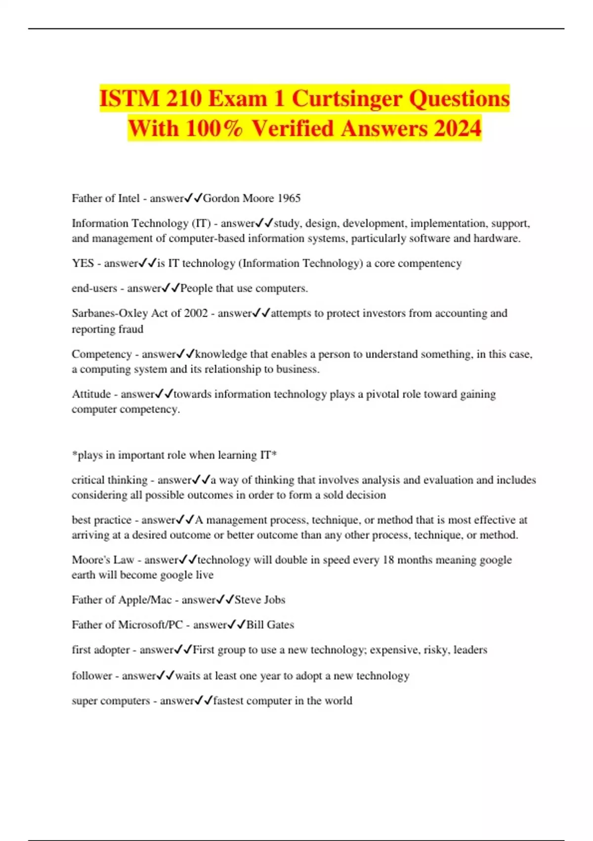 ISTM 210 Exam 1 Curtsinger Questions With 100% Verified Answers 2024 - ISTM 210 - Stuvia US
