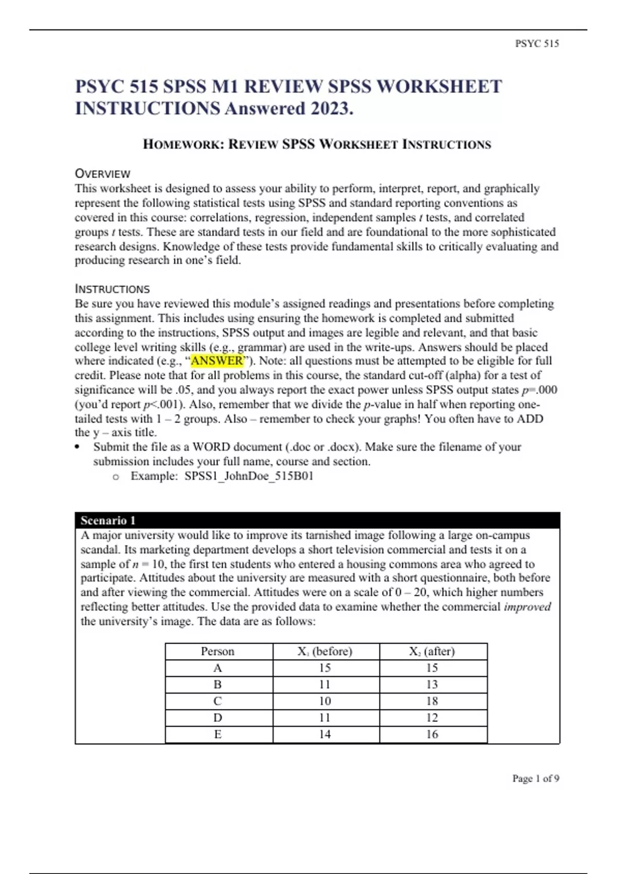 PSYC 515 SPSS M1 REVIEW SPSS WORKSHEET INSTRUCTIONS Answered 2023 ...