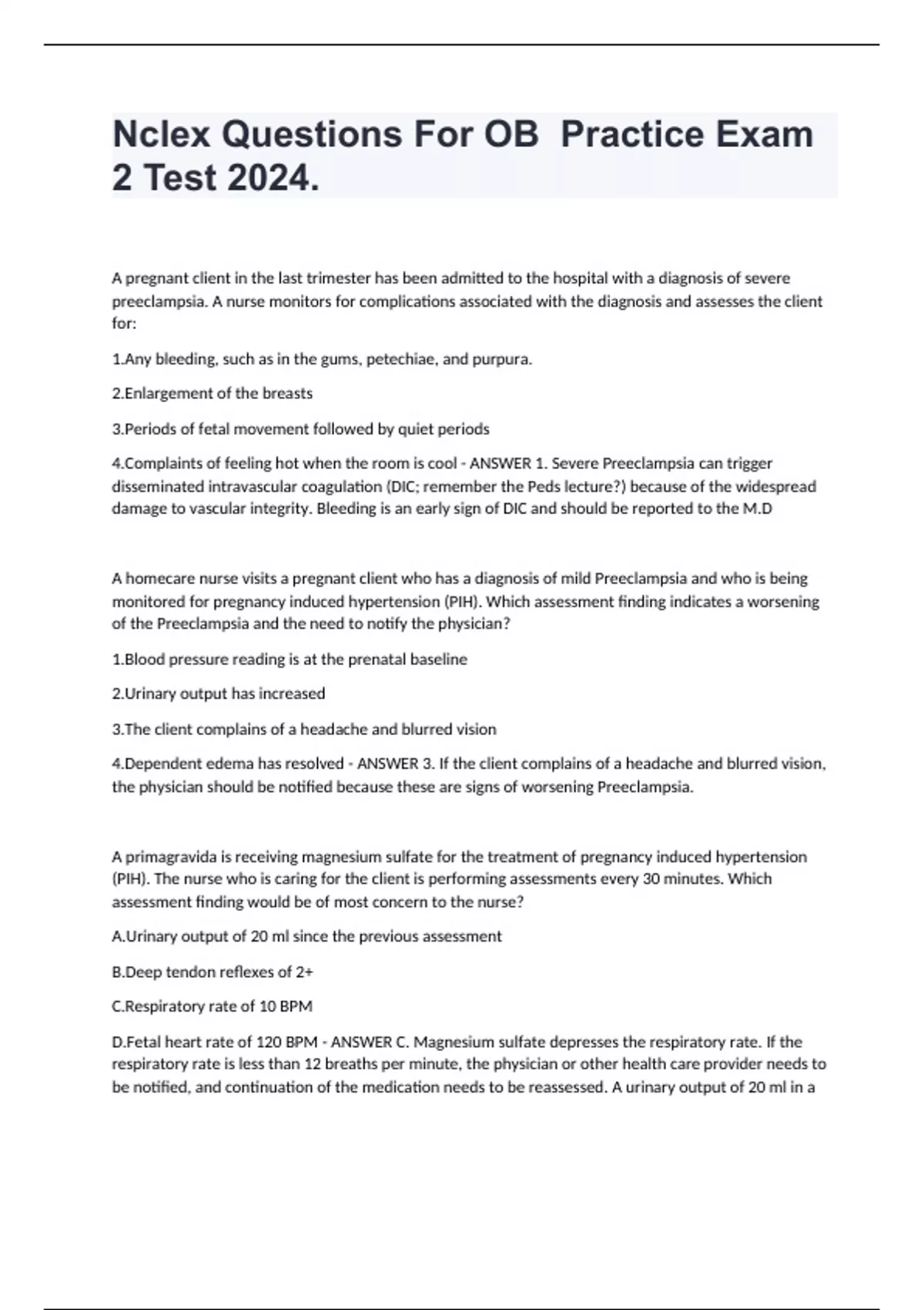 Nclex Questions For OB Practice Exam 2 Test 2024. - OB. - Stuvia US