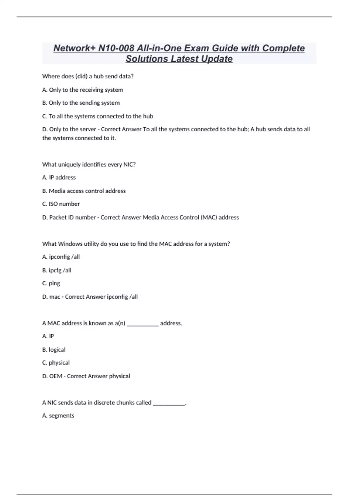 Network+ N10-008 All-in-One Exam Guide with Complete Solutions Latest ...