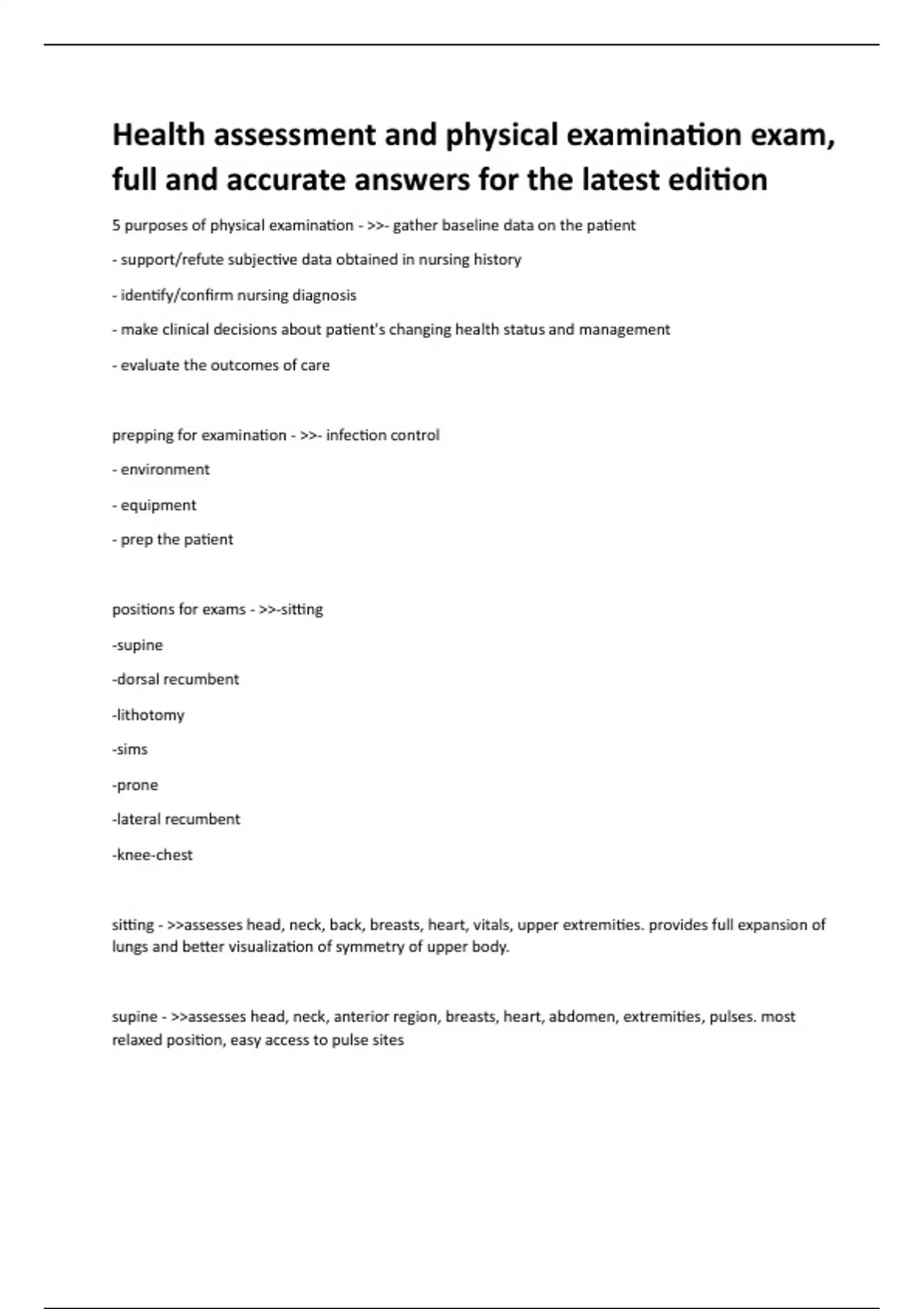 Summary Health assessment and physical examination exam, full and ...